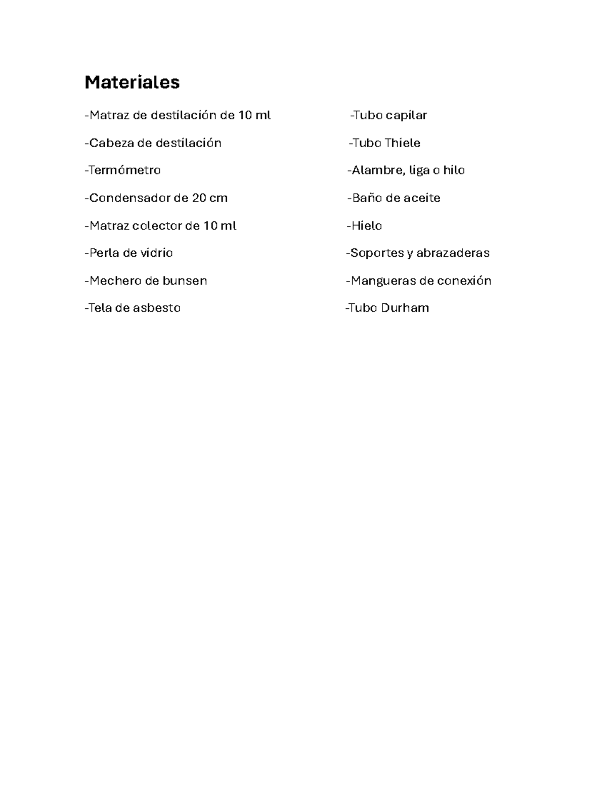 Practica quimica 2 - scacs - Materiales Matraz de destilación de 10 ml ...