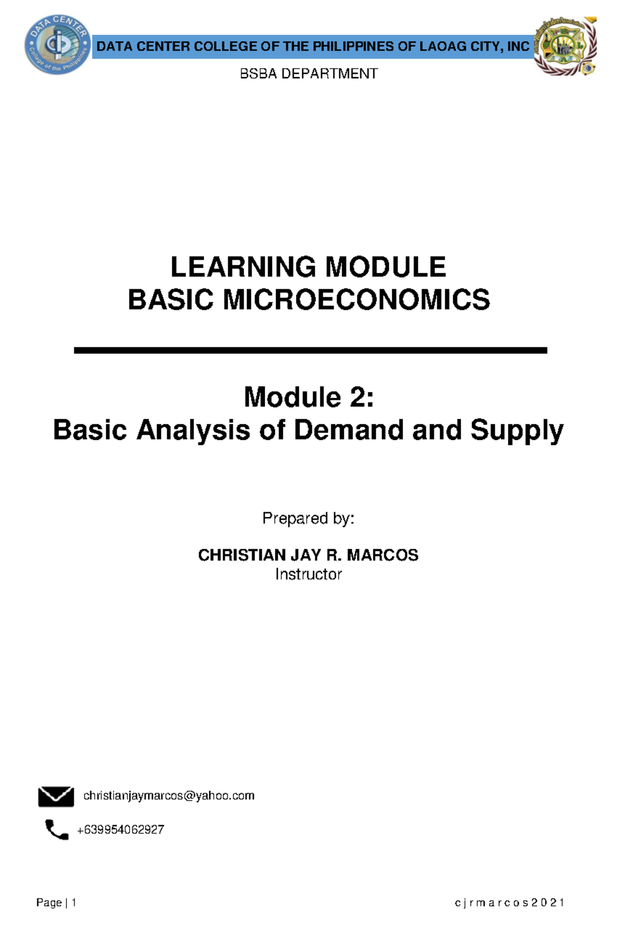 Basic Microeconomics Module 2 - BSBA DEPARTMENT LEARNING MODULE BASIC ...