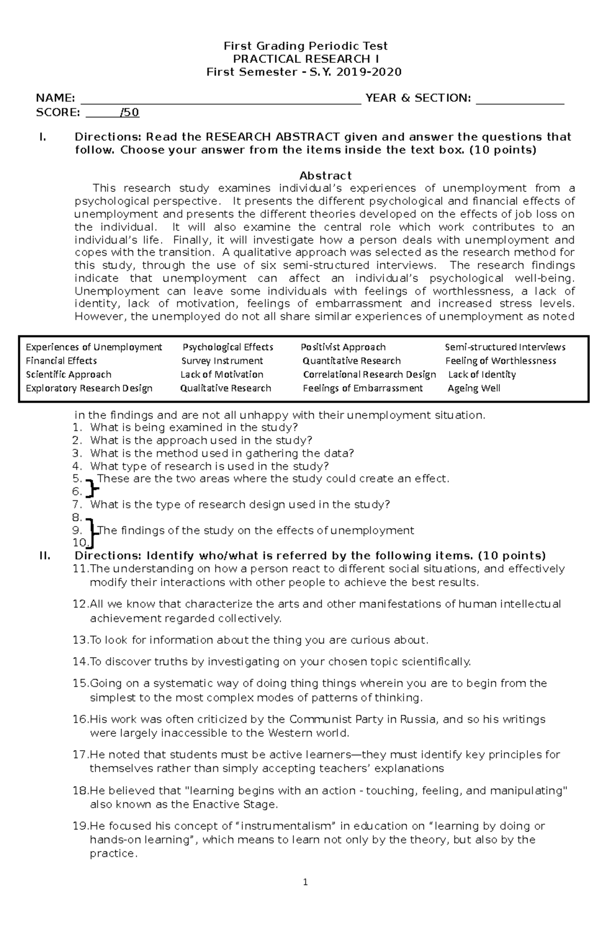 Practical Research 1 (1st) - First Grading Periodic Test PRACTICAL ...