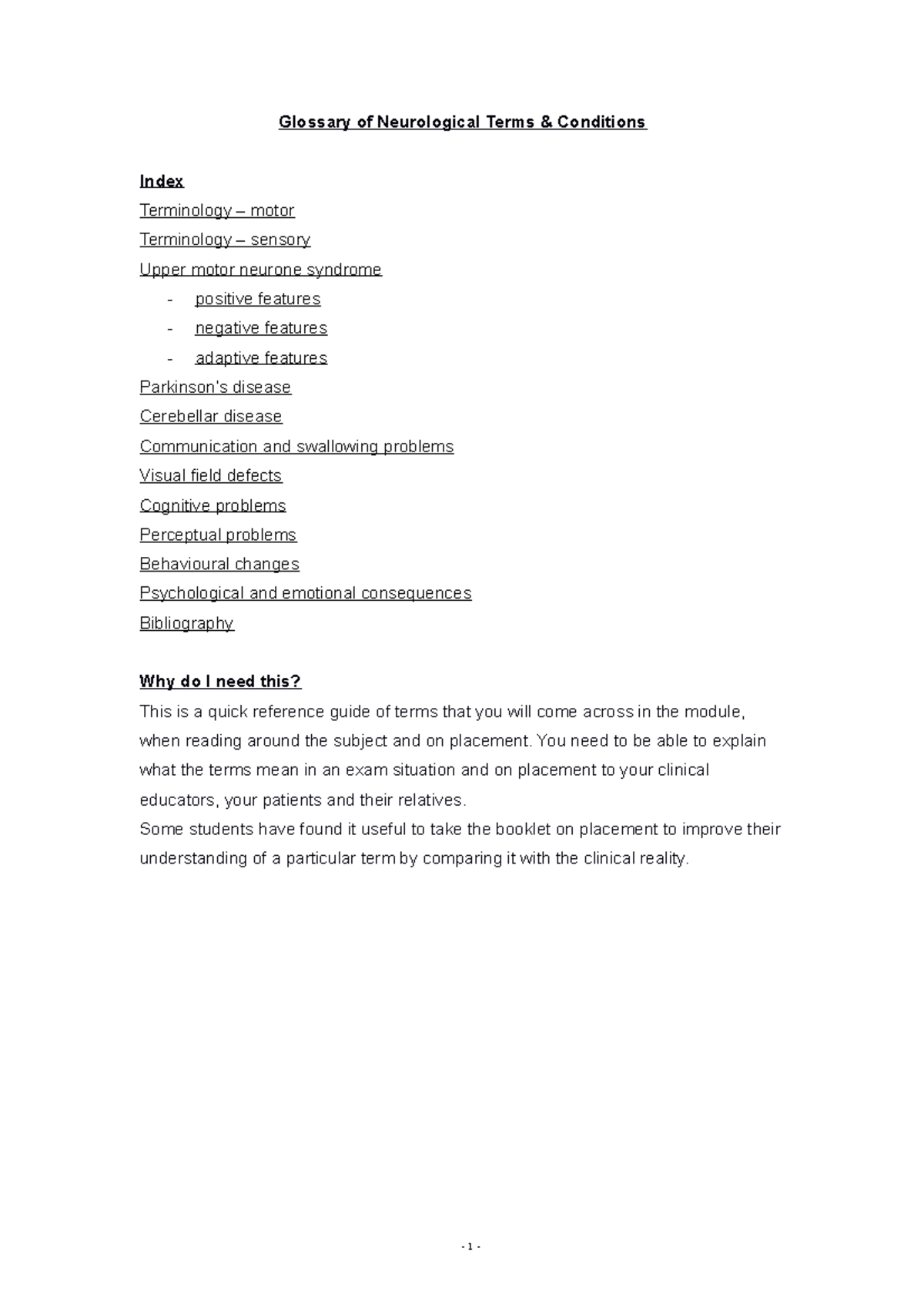 Glossary of key neurological terms - Glossary of Neurological Terms ...