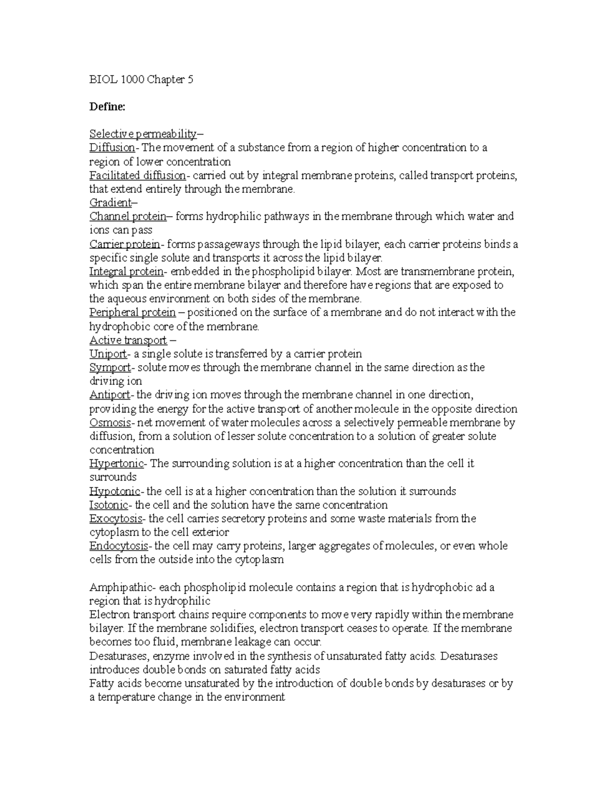 BIOL 1000 Chapter 5 notes - BIOL Chapter 5 Define: Selective The ...
