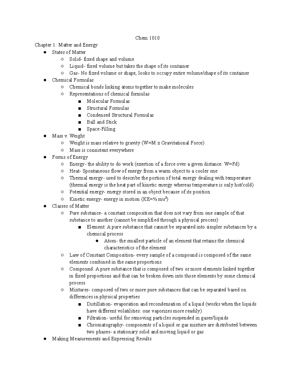 General Chemistry (1010) - Chem 1010 Chapter 1: Matter and Energy ...