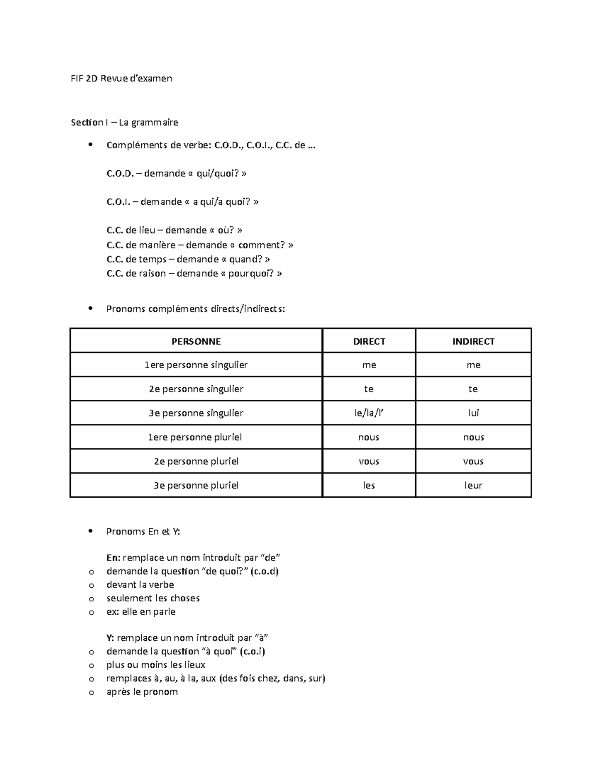 FIF 2D Revue d'examen - FIF 2D Revue d’examen Section I – La grammaire ...