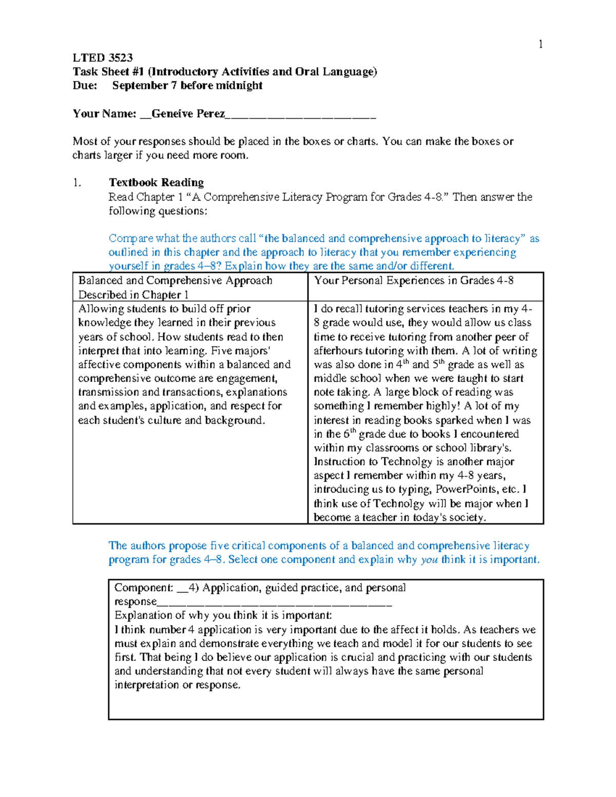 Task Sheet #1 (Introductory Activities and Oral Language) (1) - LTED 3523 Task Sheet #1 - Studocu