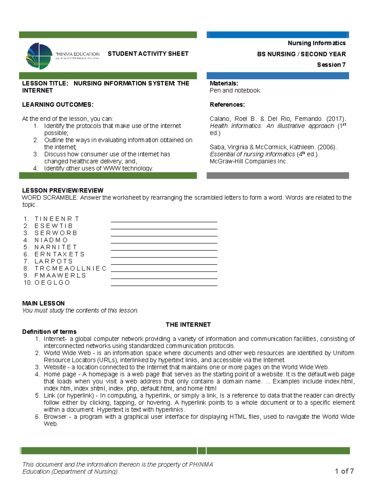Session 7 SAS Nursing Informatics - STUDENT ACTIVITY SHEET Nursing ...