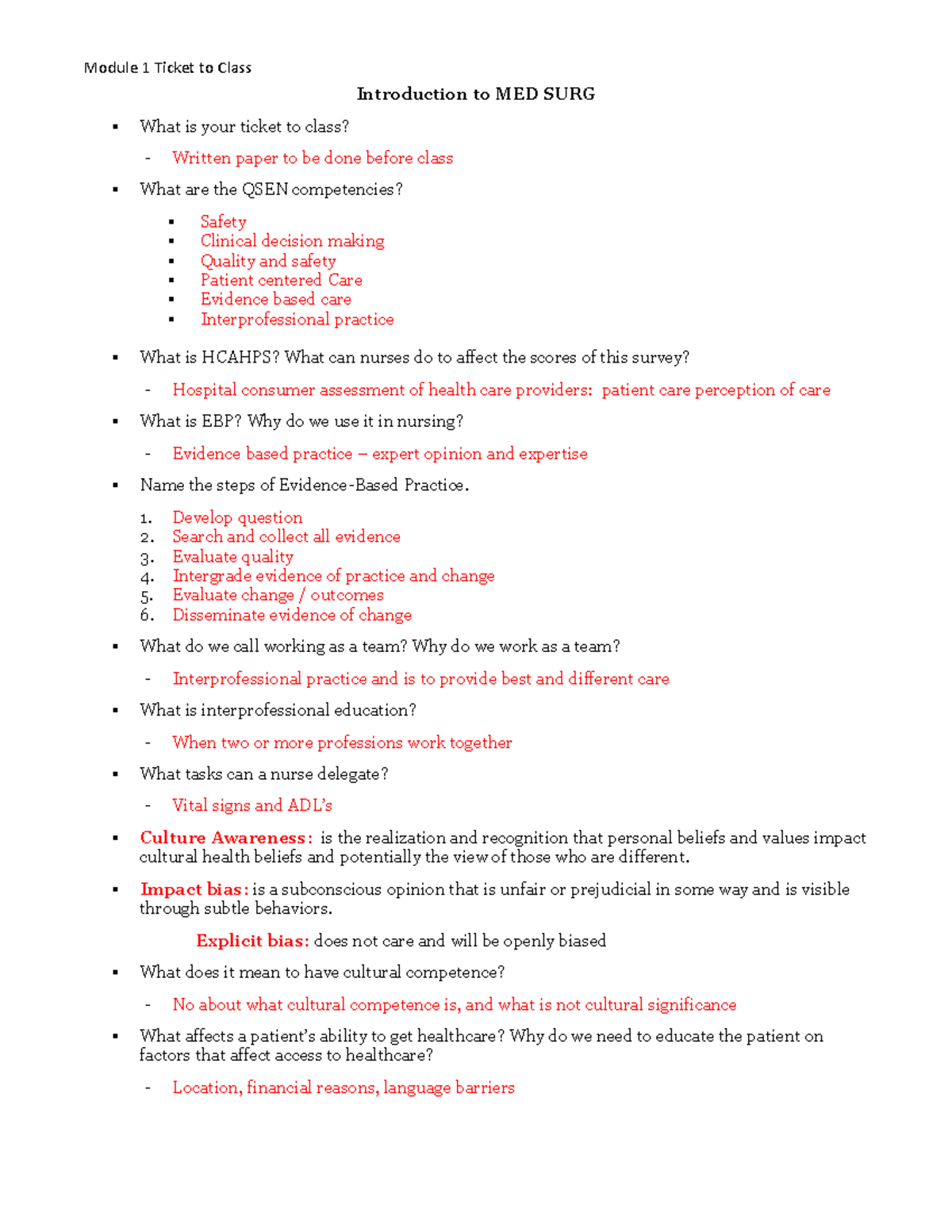 M1 TTC - TTC - Module 1 Ticket to Class Introduction to MED SURG What ...