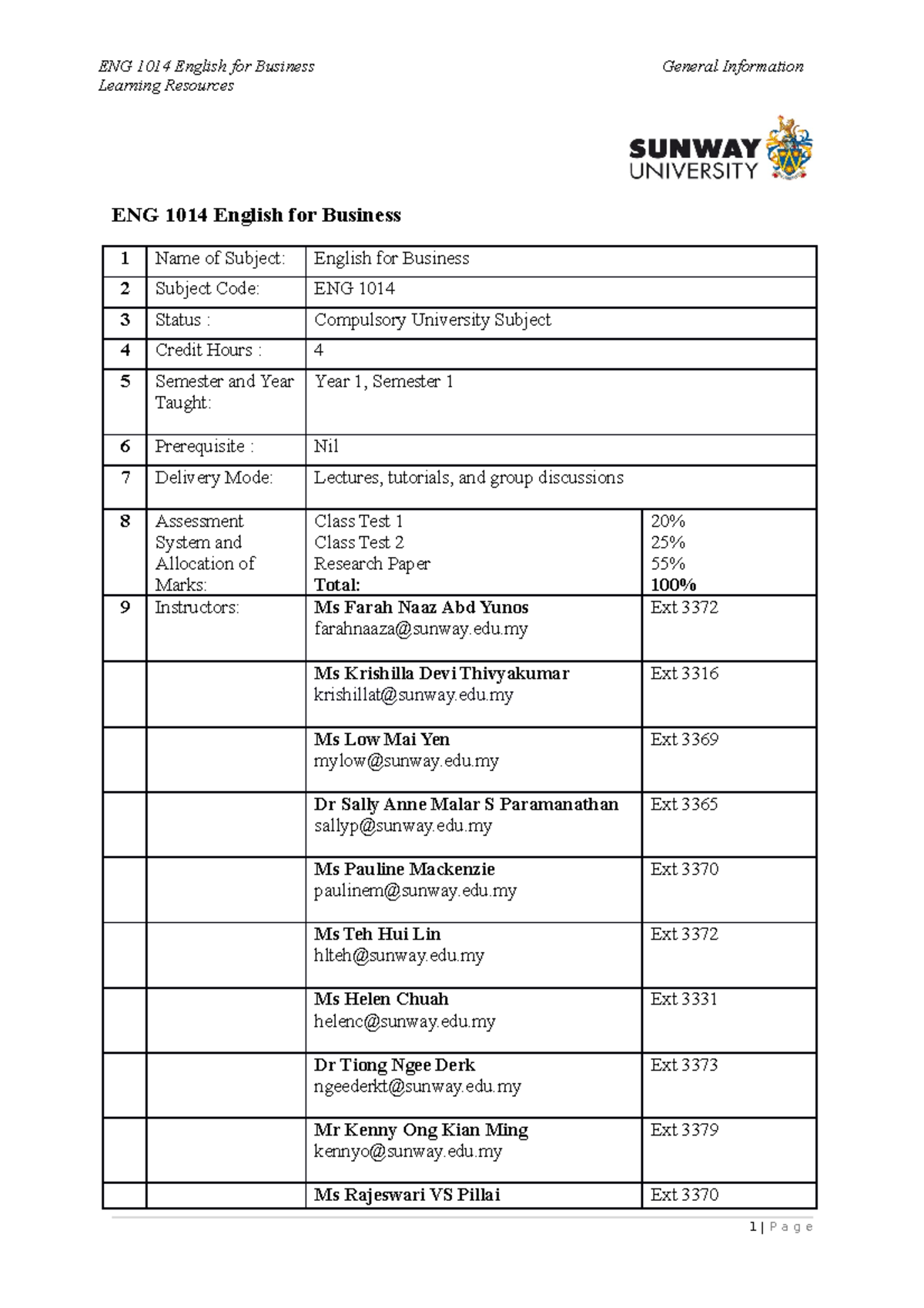 ENG 1014 Section 1 General Information Apr 23 - Learning Resources ENG 1014 English for Business ...