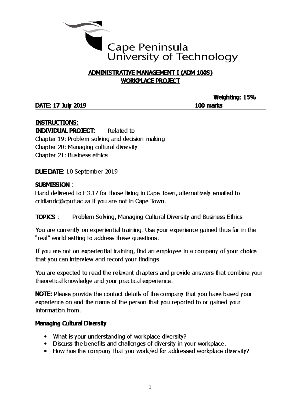 ADM I Workplace Project 2019 .10 September 2019 - ADMINISTRATIVE ...