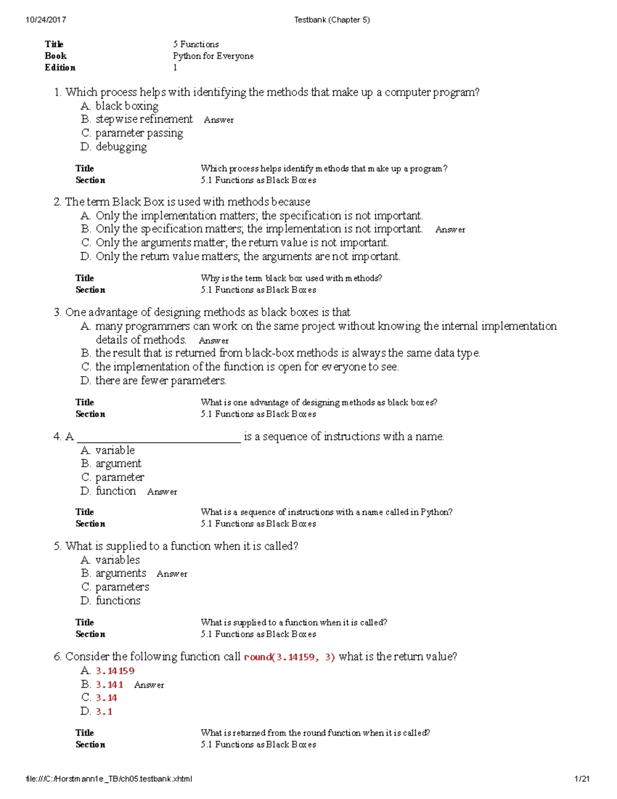 Testbank-Chapter-5 - qweqwe - Title 5 Functions Book Python for ...