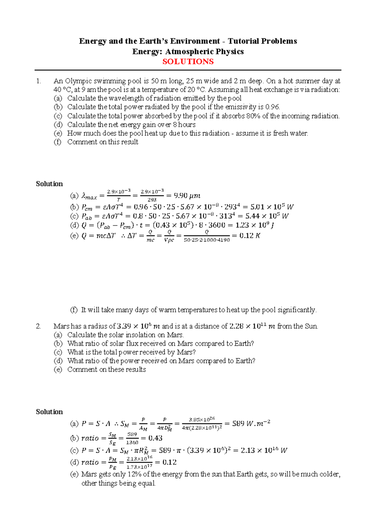 Extras Solutions - Energy and the Earth’s Environment - Tutorial ...