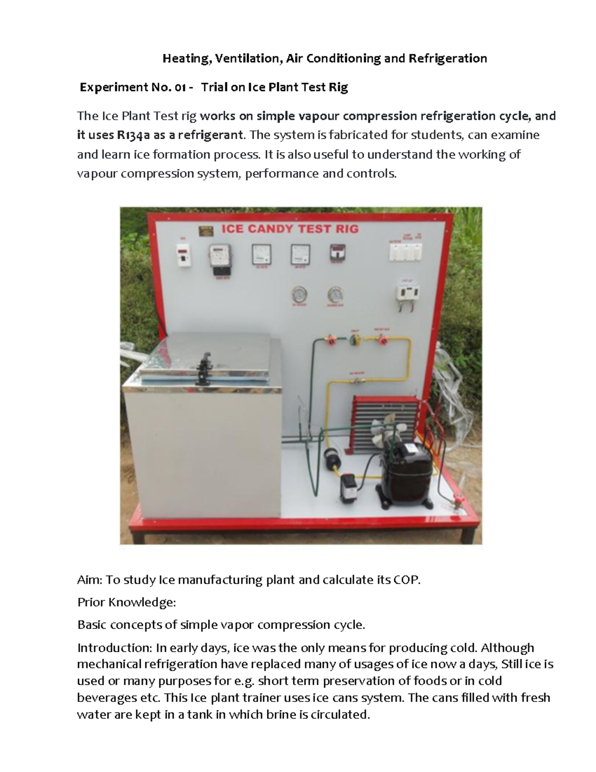 HVAC EXPT NO 01 ICE Plant TEST RIG - Heating, Ventilation, Air ...
