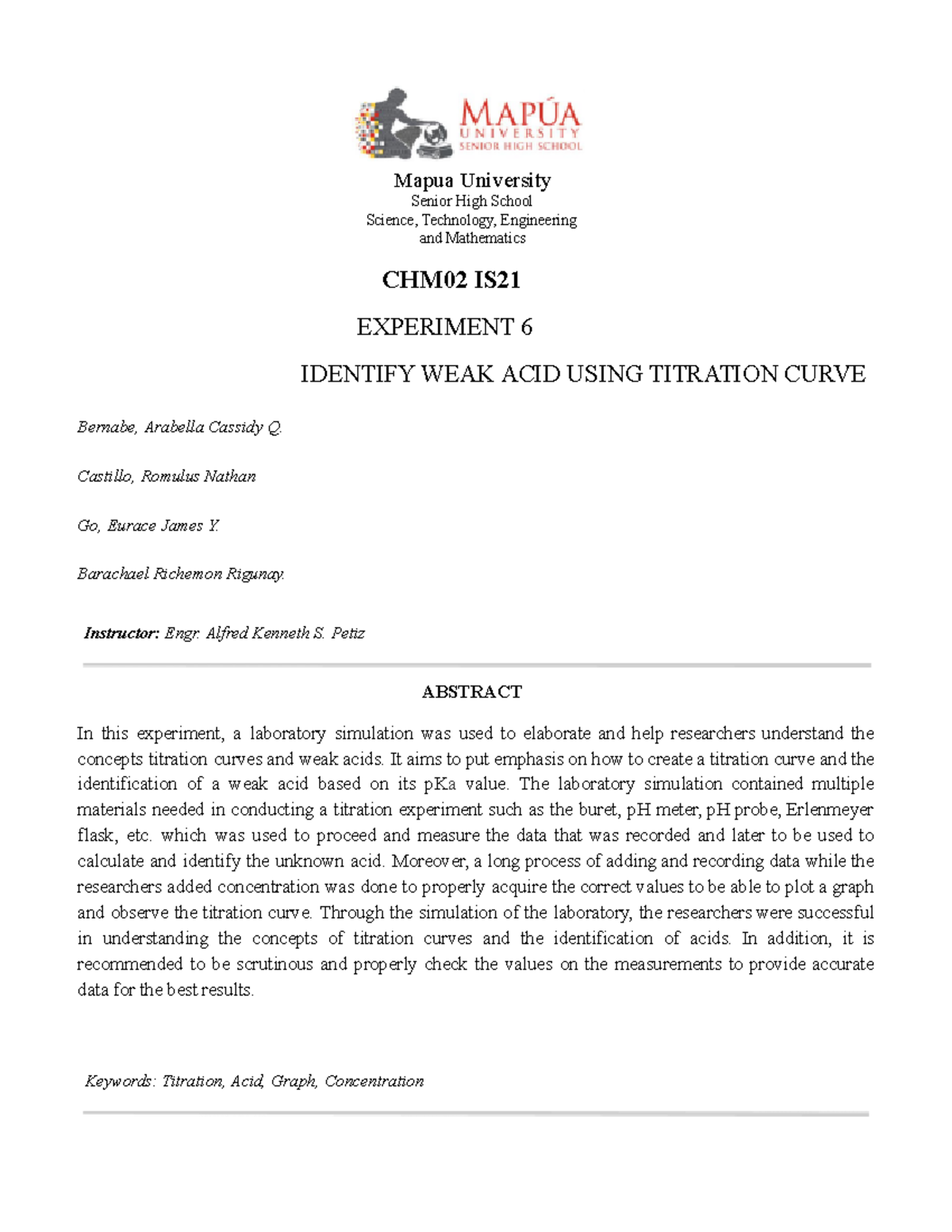 LAB Experiment 6 - Mapua University Senior High School Science ...