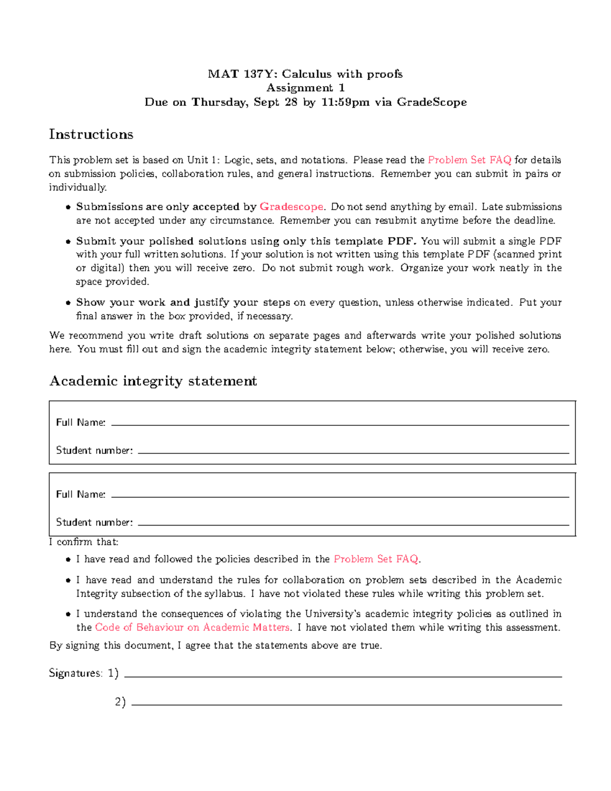 MAT137 problem set 1 - MAT 137Y: Calculus with proofs Assignment 1 Due ...