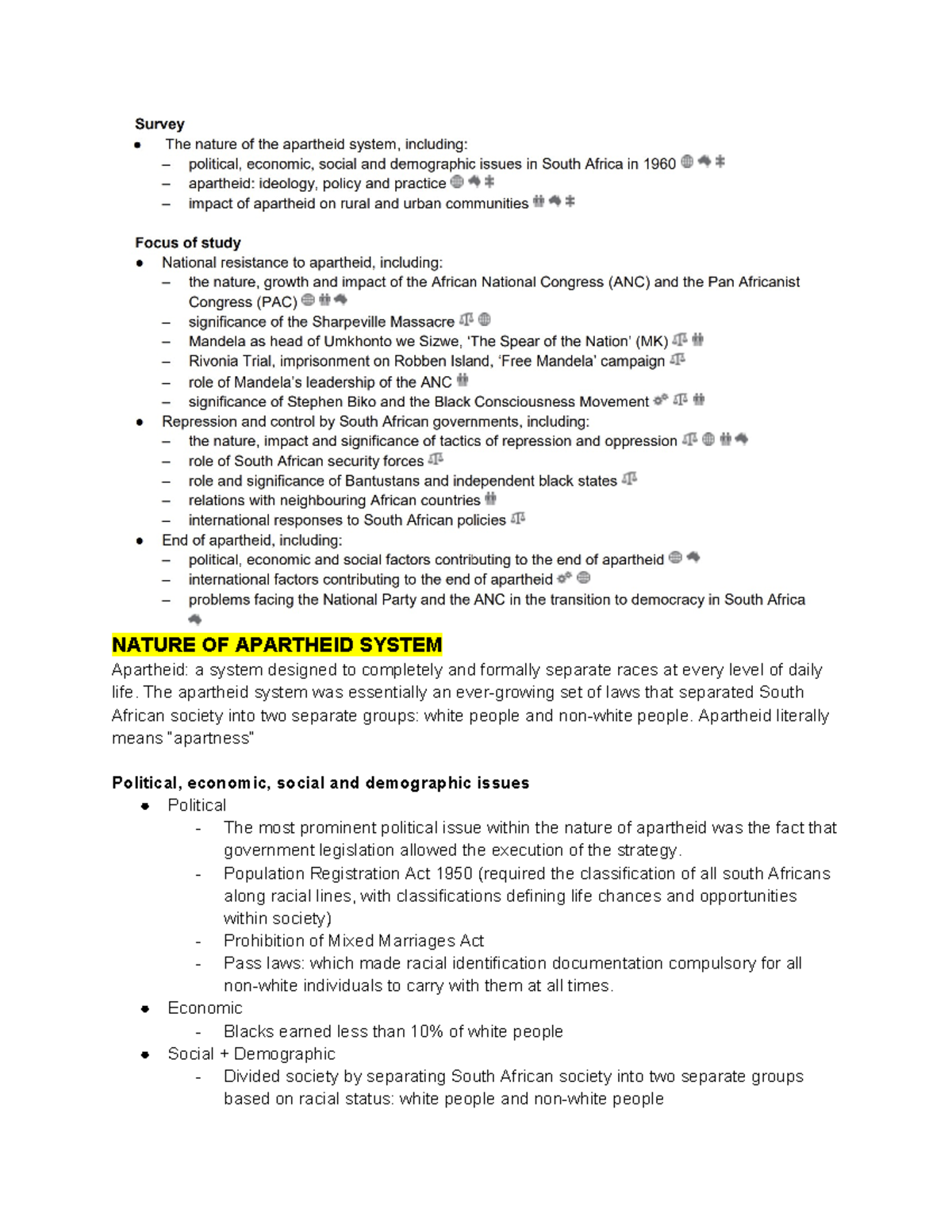 Apartheid notes - NATURE OF APARTHEID SYSTEM Apartheid: a system ...