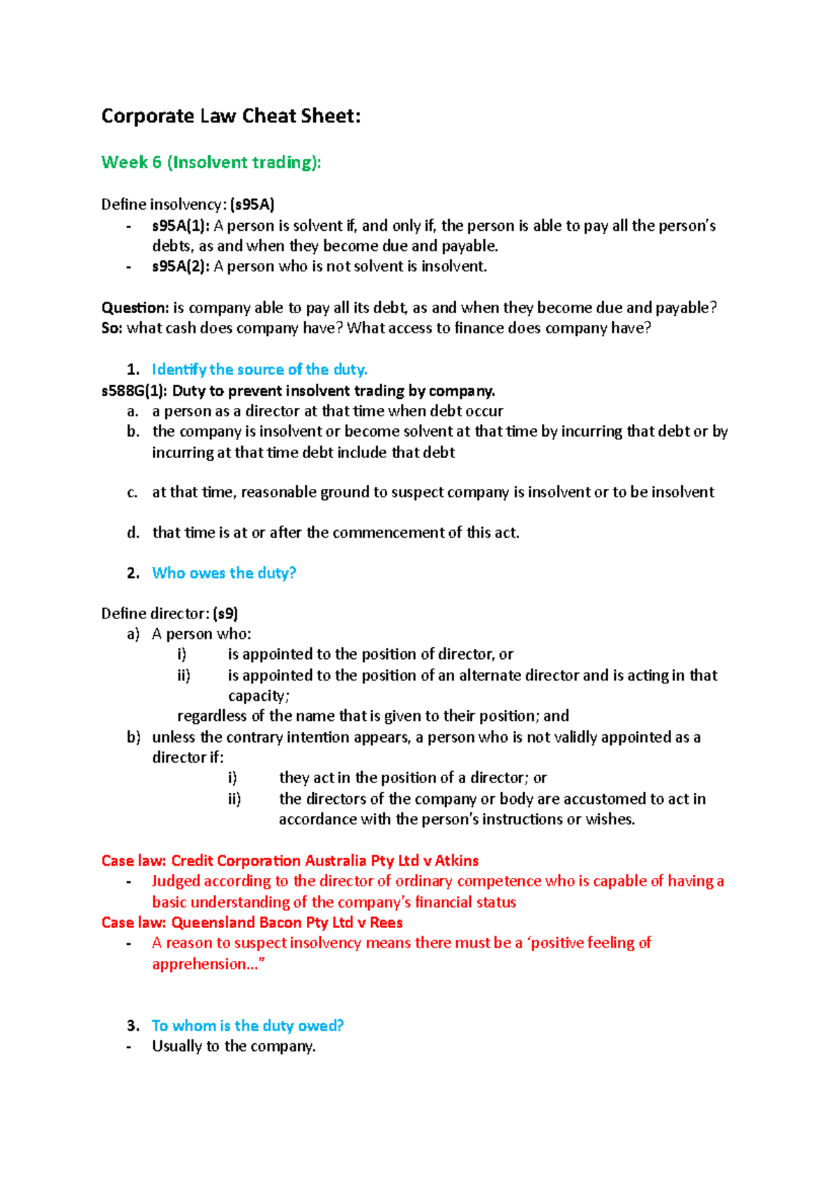 Corporate Law Cheat Sheet - Corporate Law Cheat Sheet: Week 6 ...