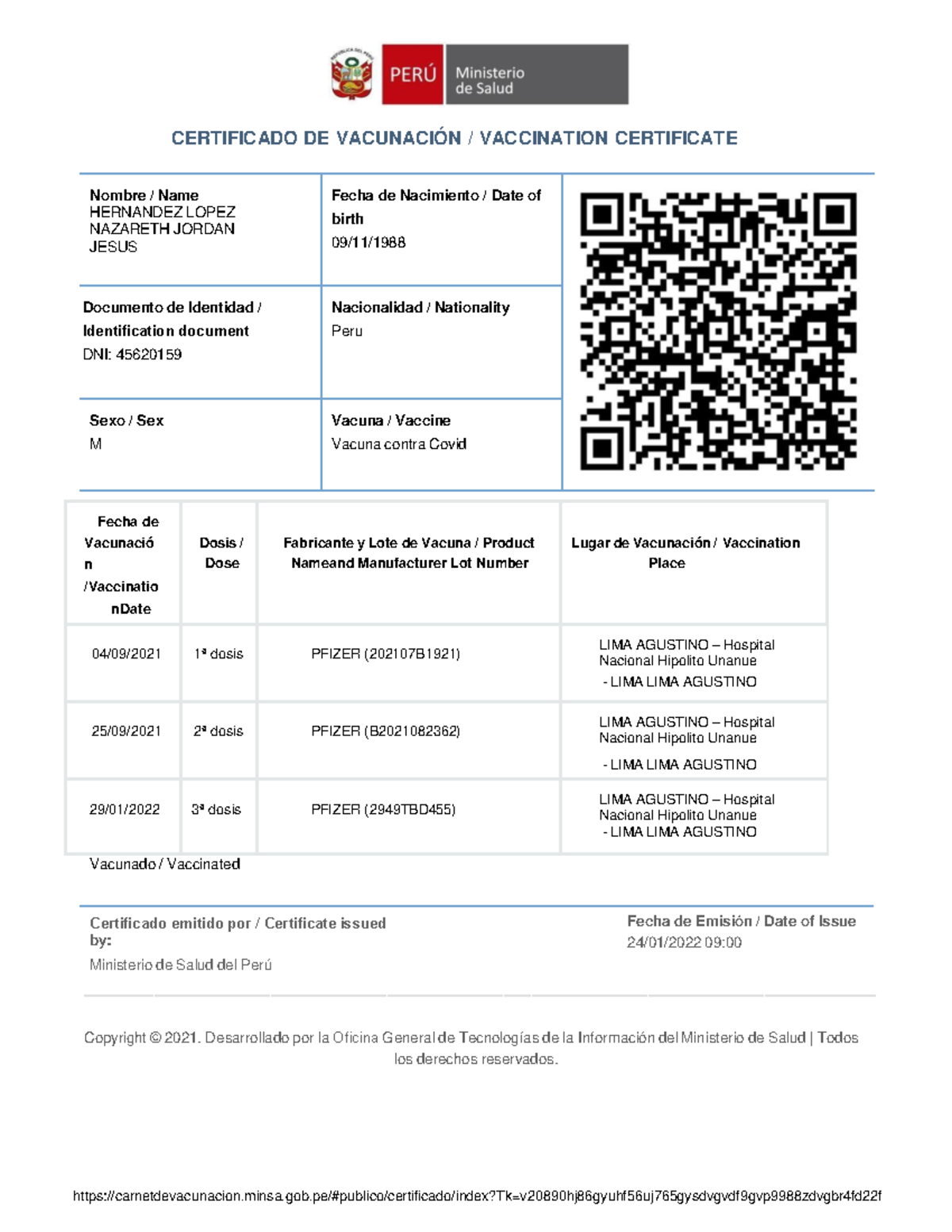 Carnet DE Vacunacion Hisminsa - Hernandez - CERTIFICADO DE VACUNACIÓN ...