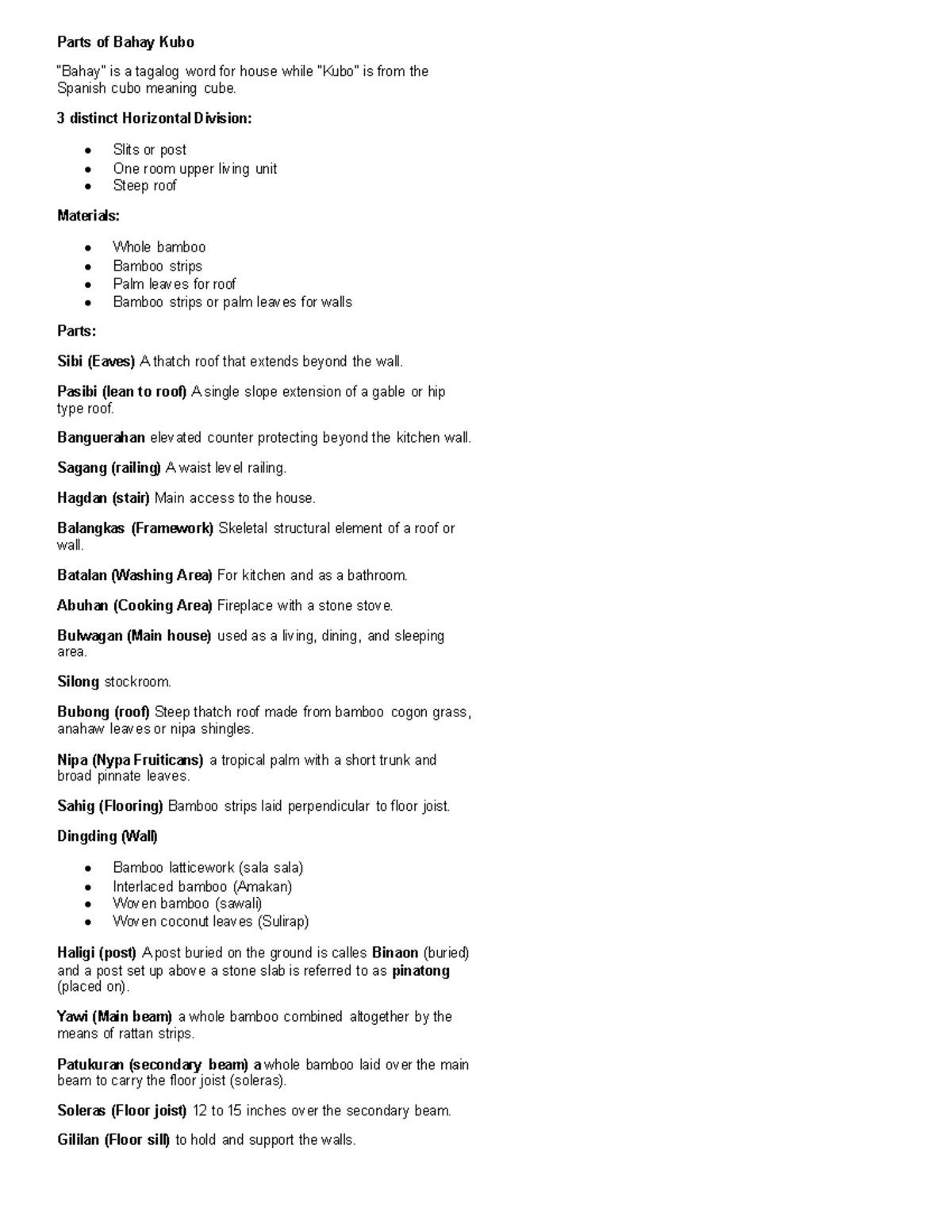 Parts of Bahay Kubo and Bahay na Bato - Parts of Bahay Kubo “Bahay” is ...