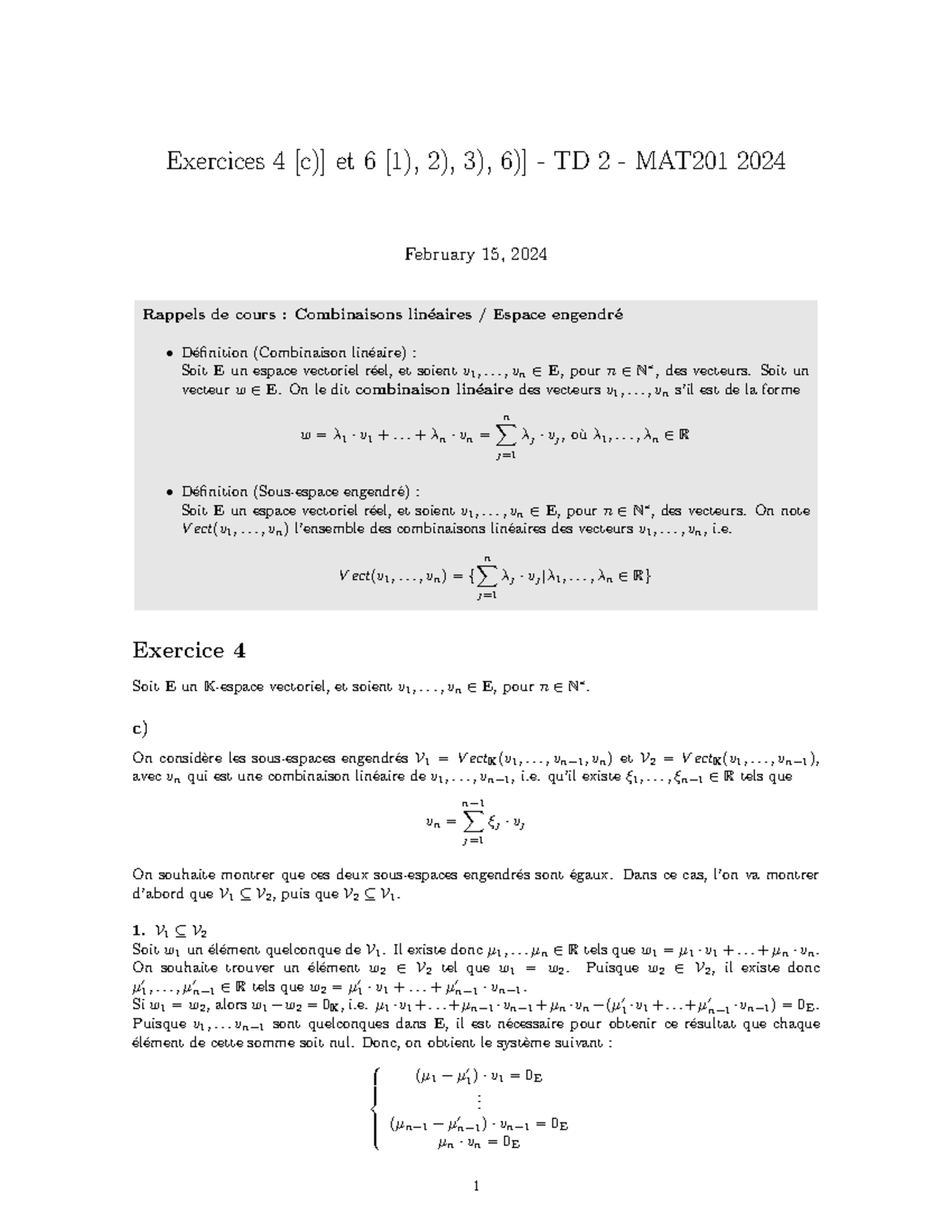 Exo 4 6 TD2 - important - Exercices 4 [c)] et 6 [1), 2), 3), 6)] - TD 2 - MAT201 2024 February ...