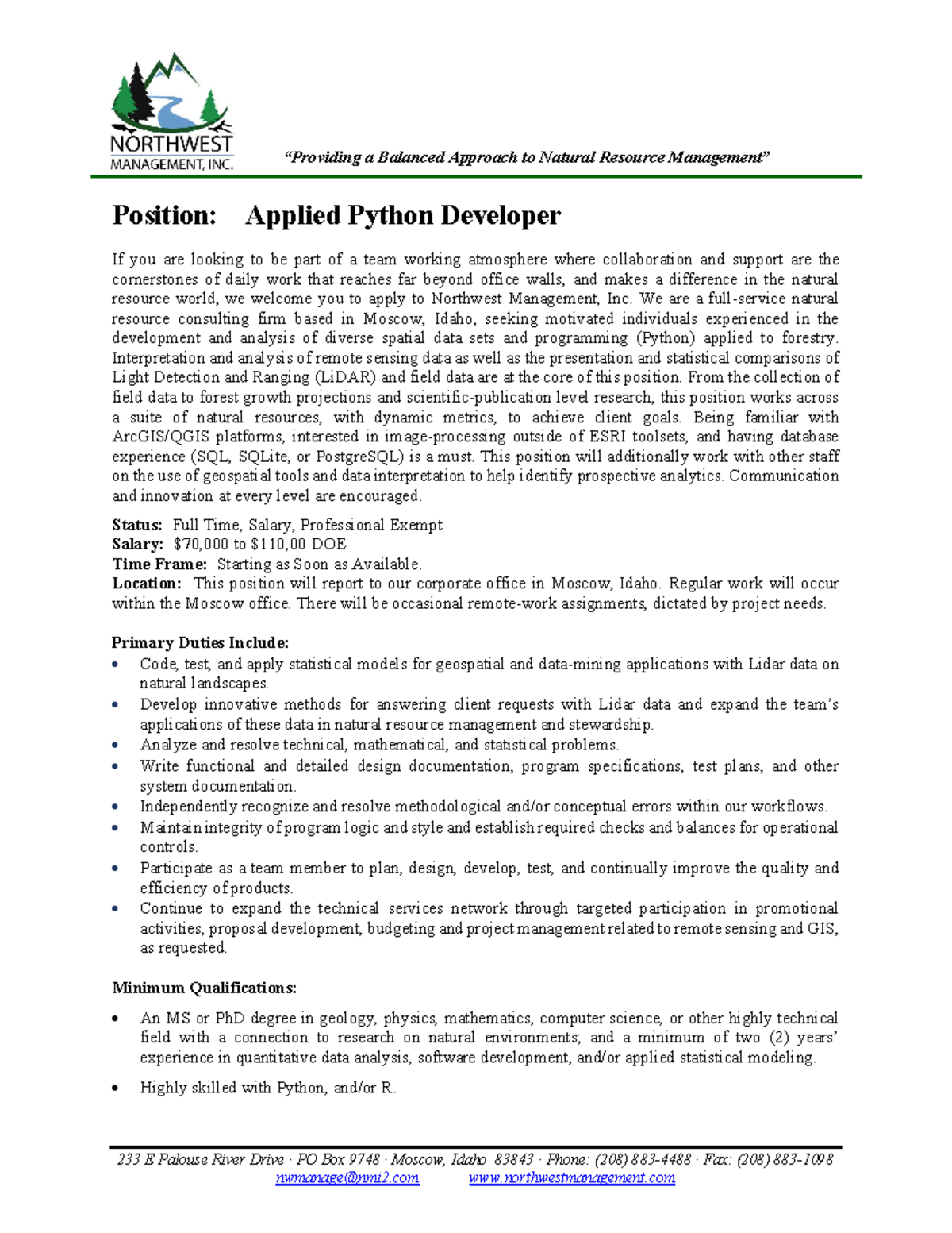 Applied-Python-Developer - 233 E Palouse River Drive · PO Box 9748 · Moscow, Idaho 83843 · Phone ...