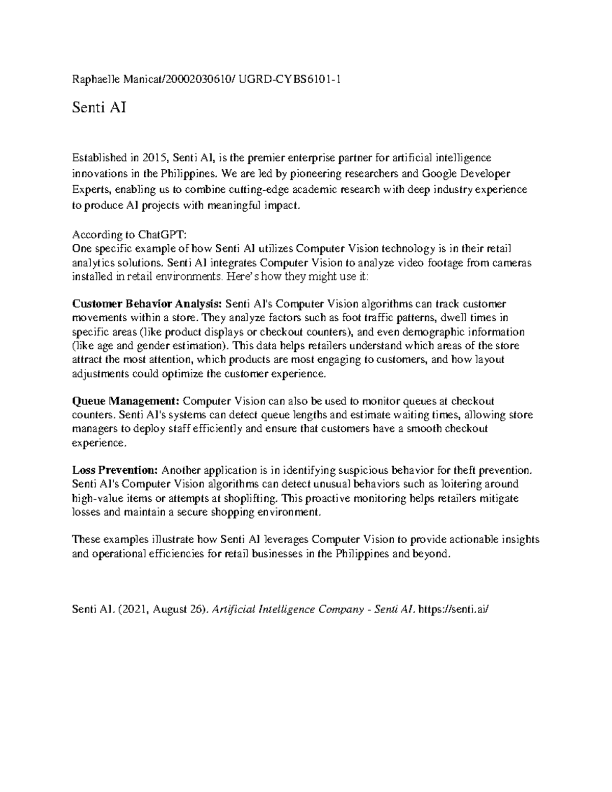 Manicat,Raphaelle-CV-Case Study - Raphaelle Manicat/20002030610/ UGRD-CYBS6101- 1 Senti AI - Studocu