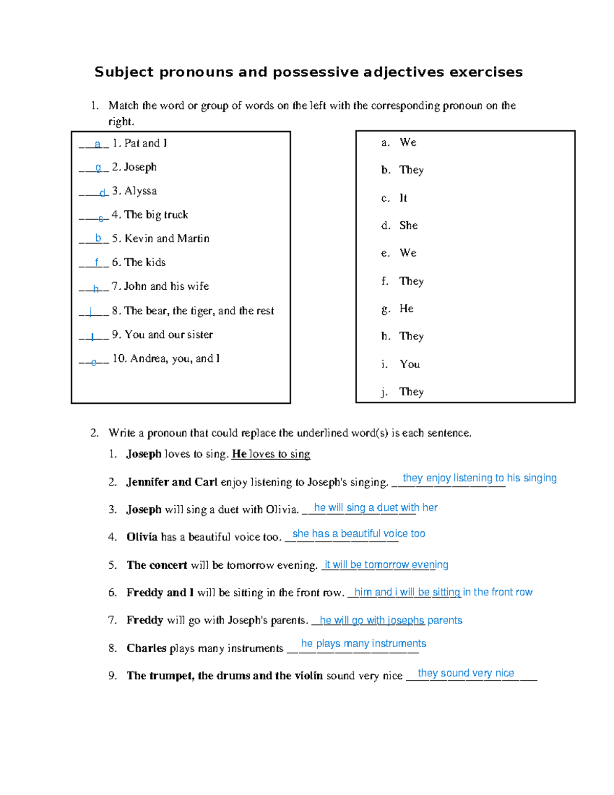Subject Pronouns AND Possessive Adjective Exercises [ - Match the word ...