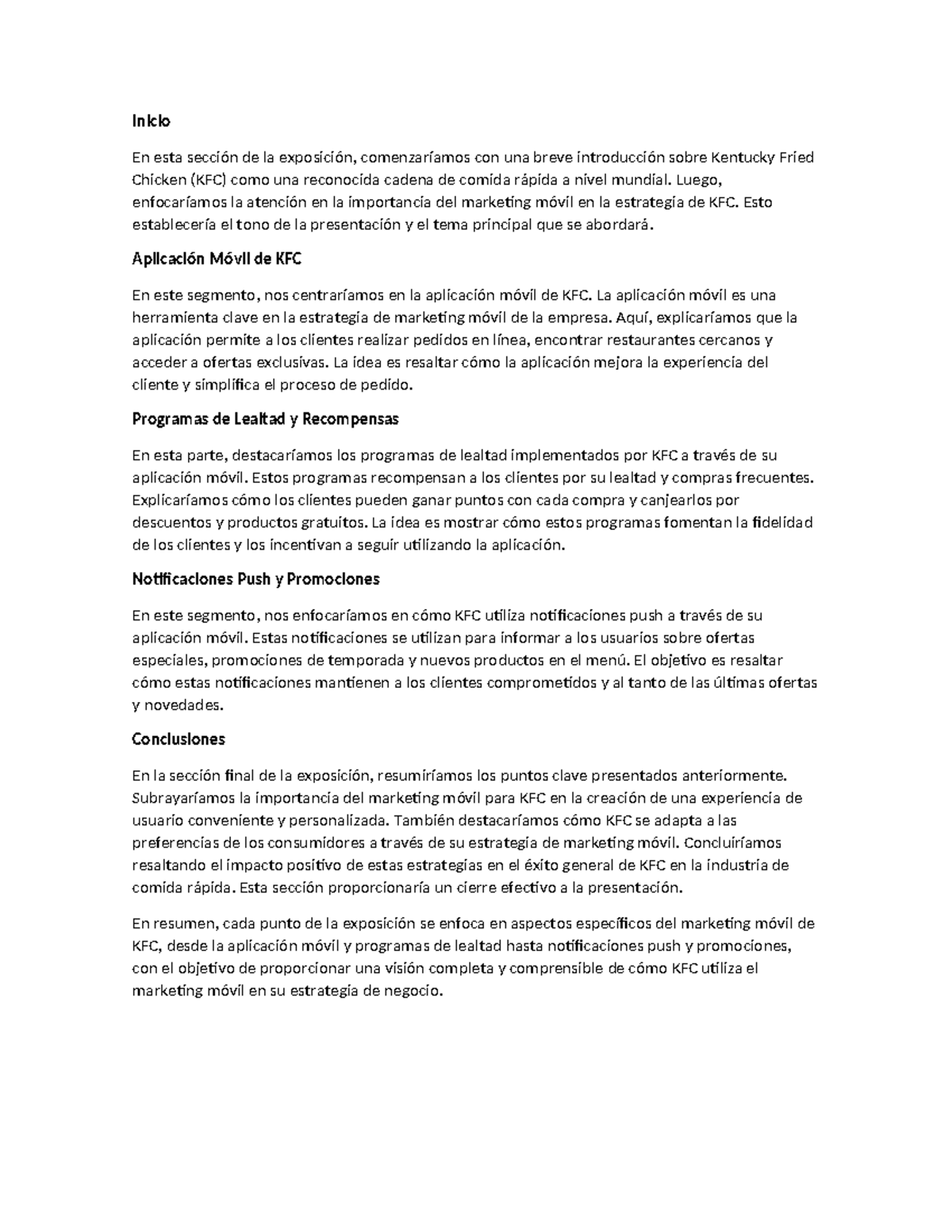 KFC - tarea - Inicio En esta sección de la exposición, comenzaríamos con una breve introducción ...