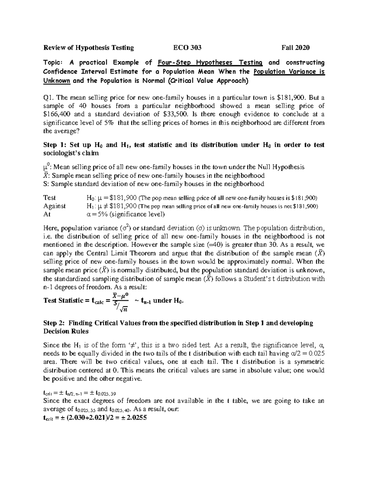 Note1 HTests - ht notes - Review of Hypothesis Testing ECO 303 Fall ...