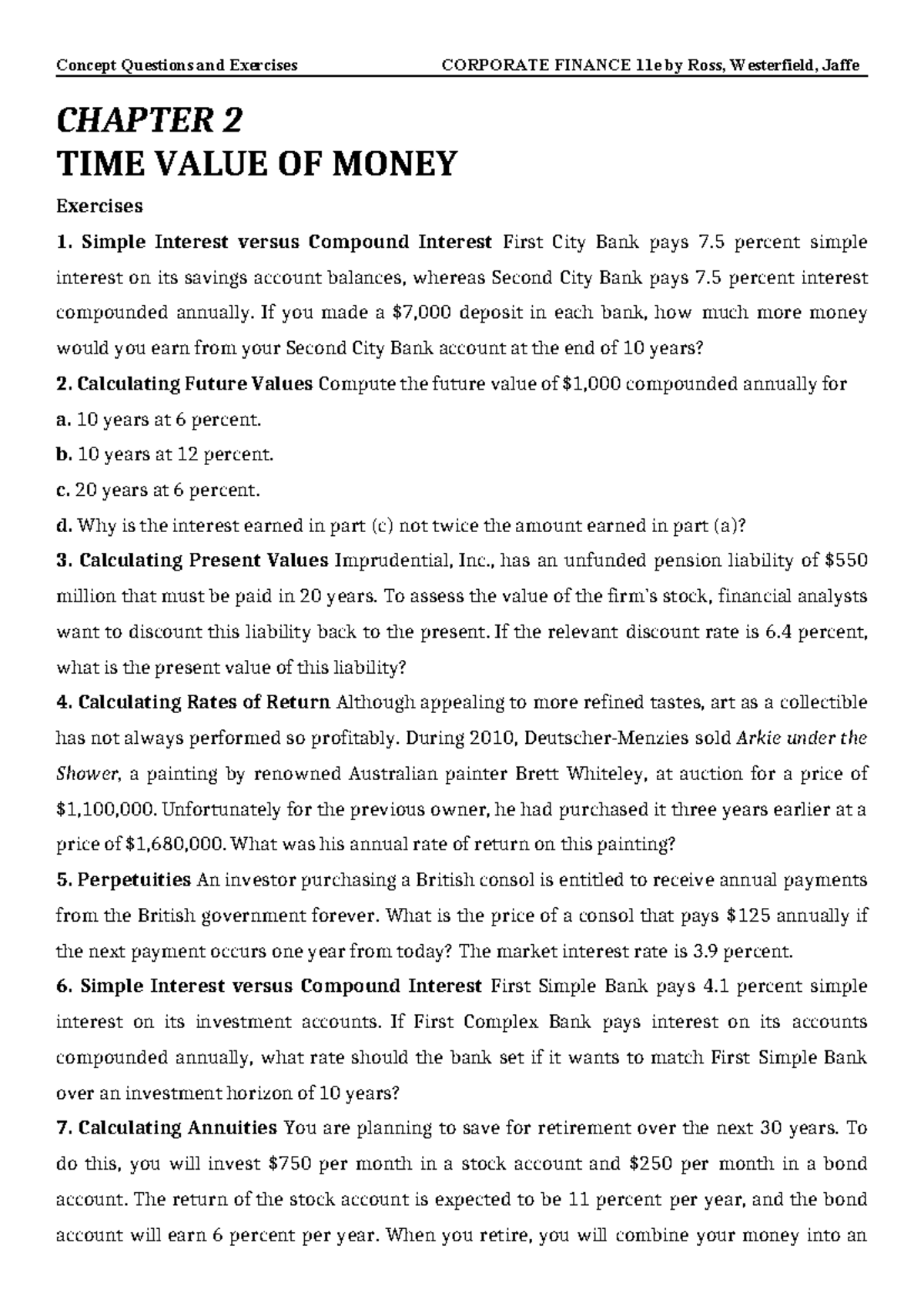 Chapter 2 Concept questions and exercises - CHAPTER 2 TIME VALUE OF MONEY Exercises 1. Simple ...