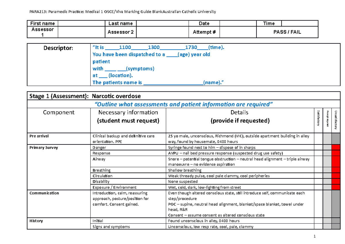 PARA213 OSCE Scenario Overdose 2 - First name Last name Date Time ...