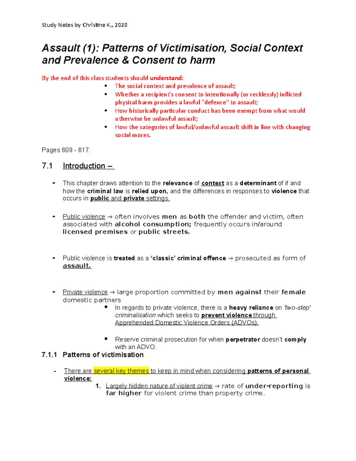 CRIM2021 - Study Notes Assault 1 - Assault (1): Patterns of ...
