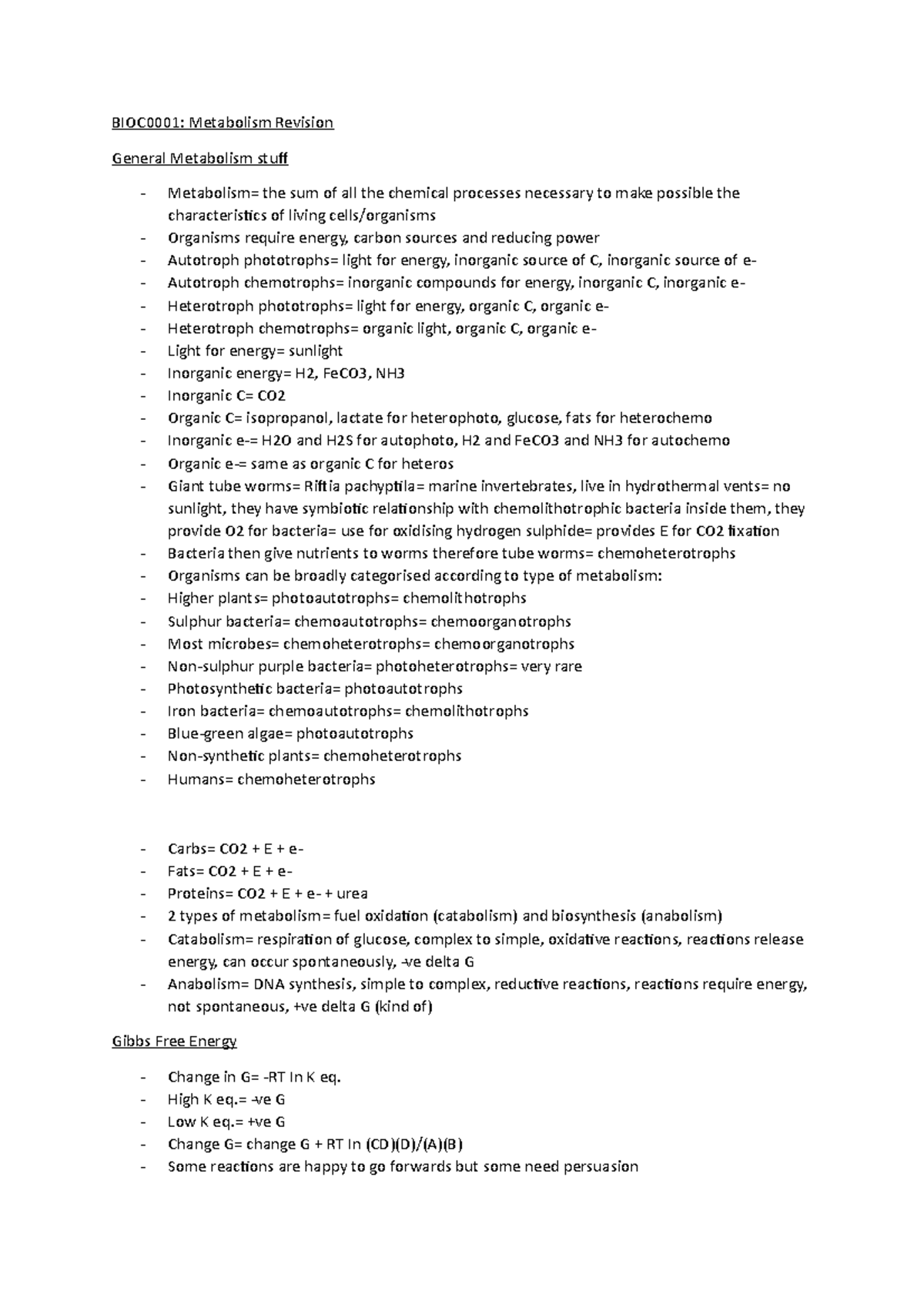 Metabolism revision notes - BIOC0001: Metabolism Revision General ...