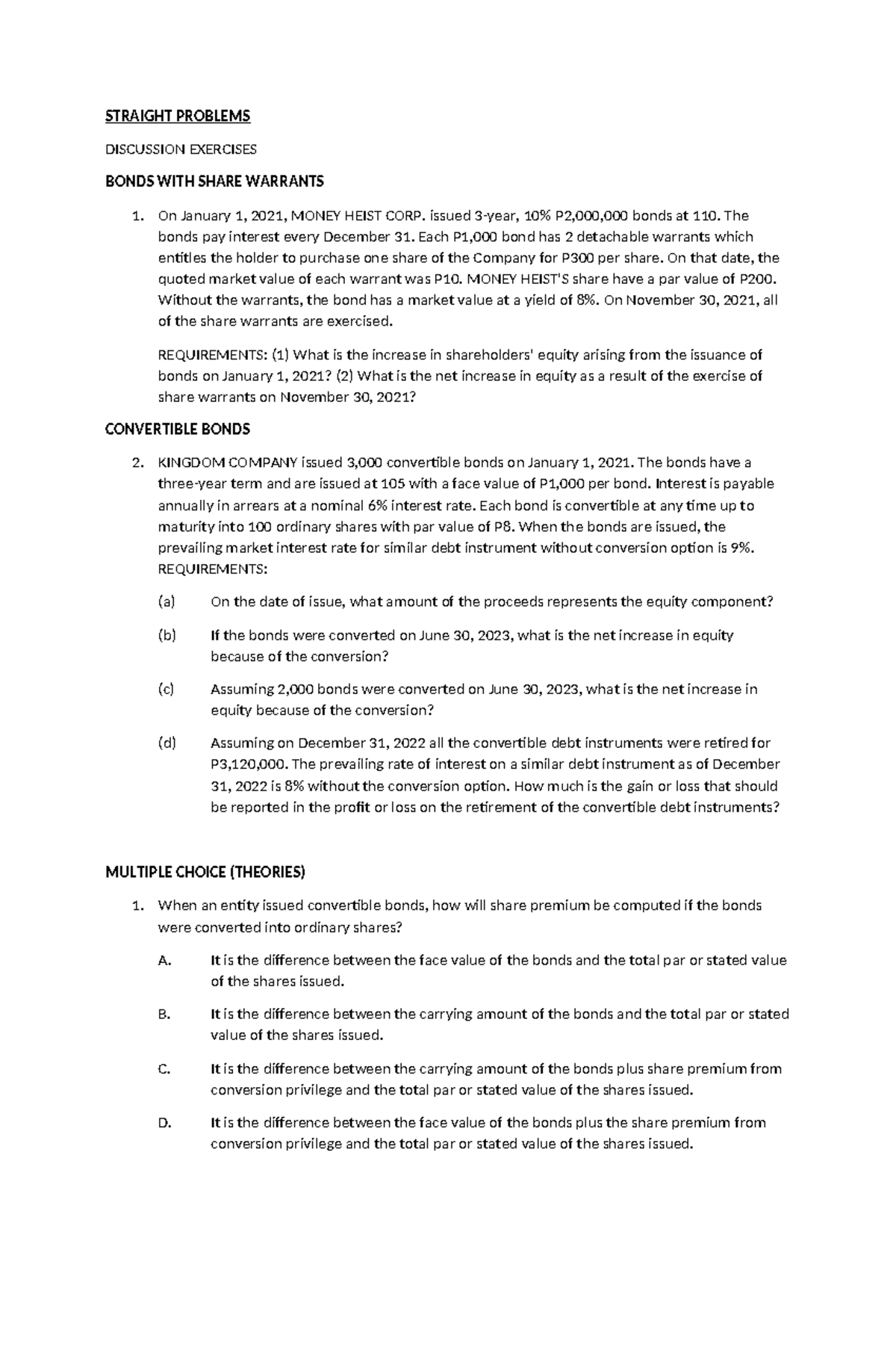 Compound Financial Instruments Questions - STRAIGHT PROBLEMS DISCUSSION ...