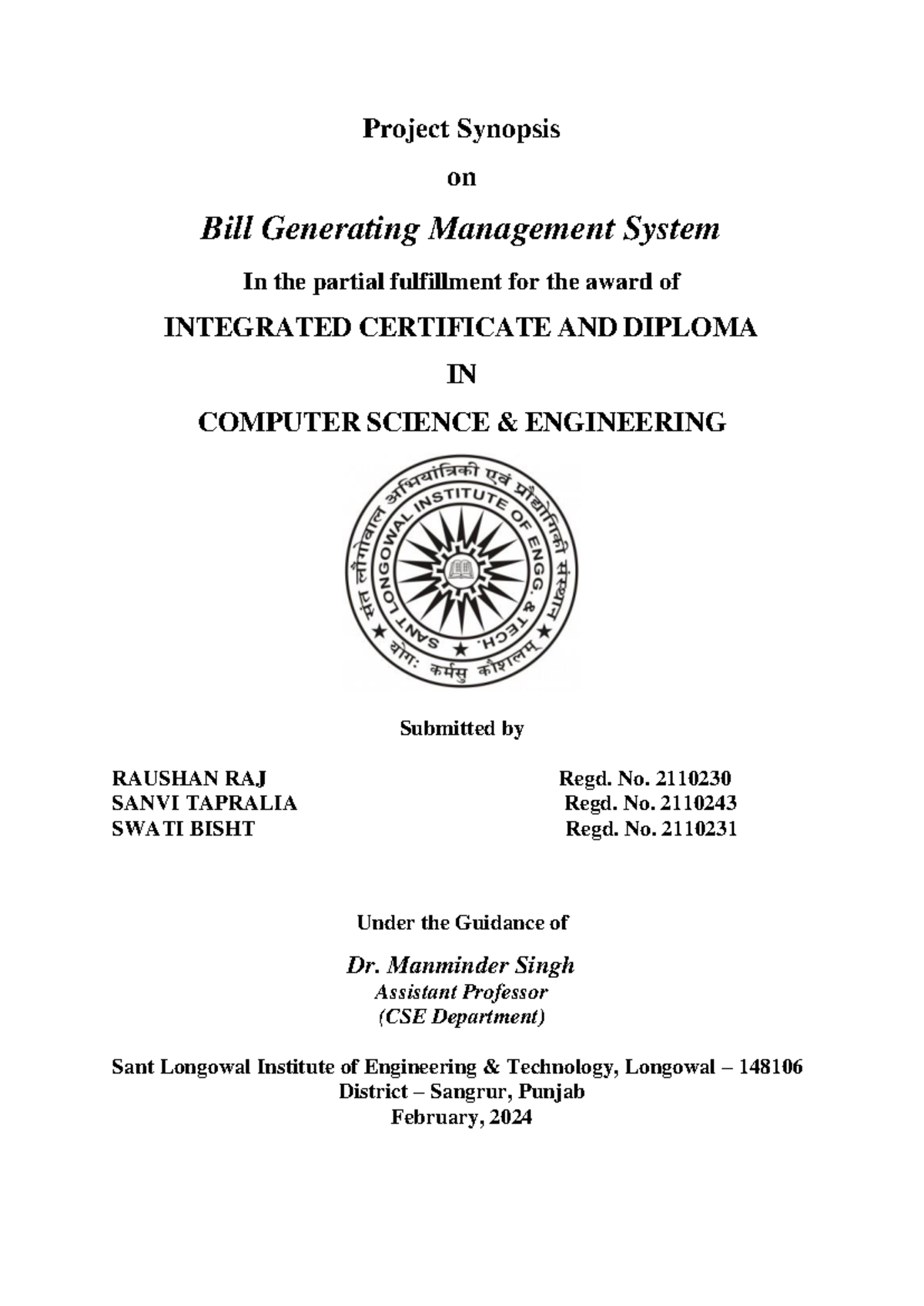BILL Project (1) - synopsis on bill generating management system ...