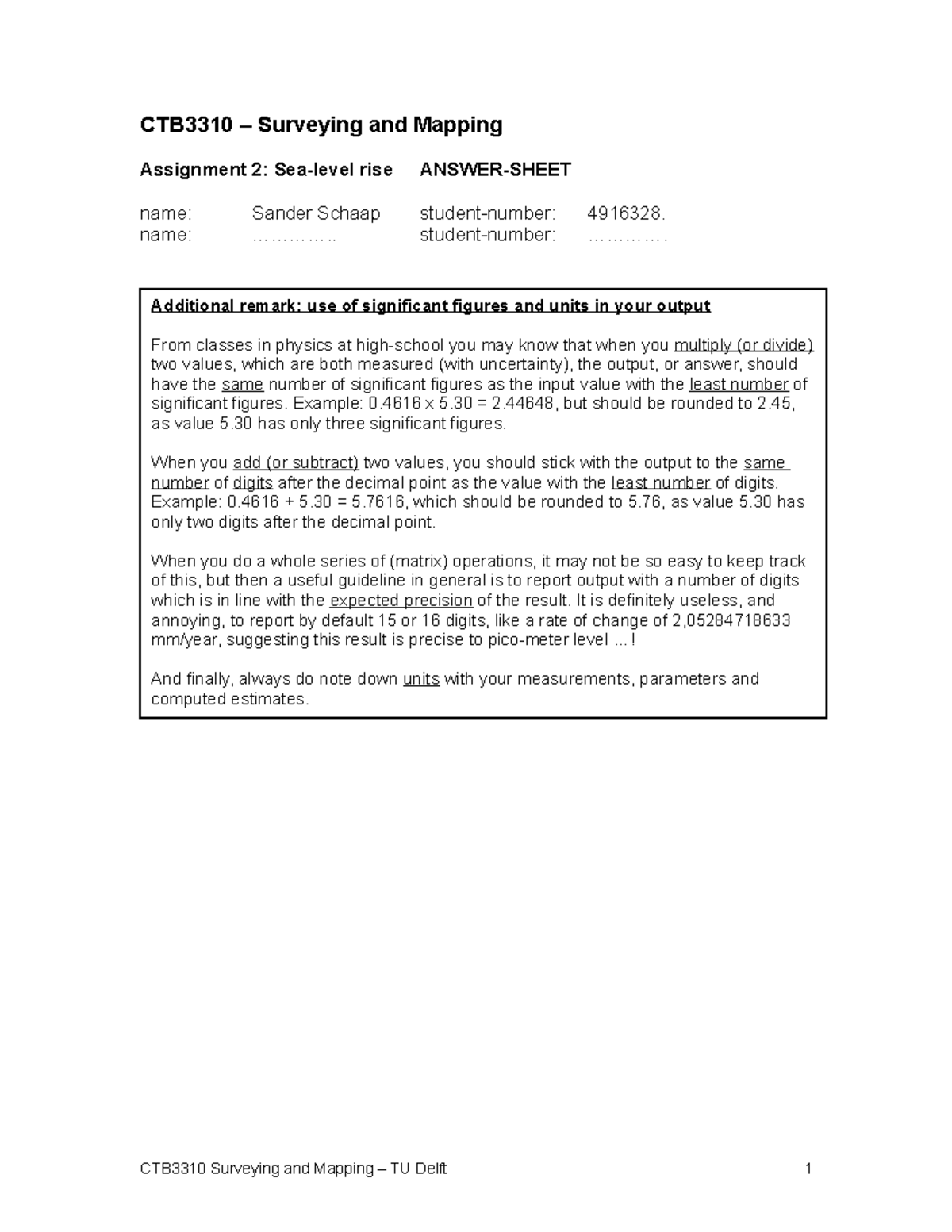 CTB3310 Sealevel assignment 2021 Answer sheet template - CTB3310 – Surveying and Mapping ...