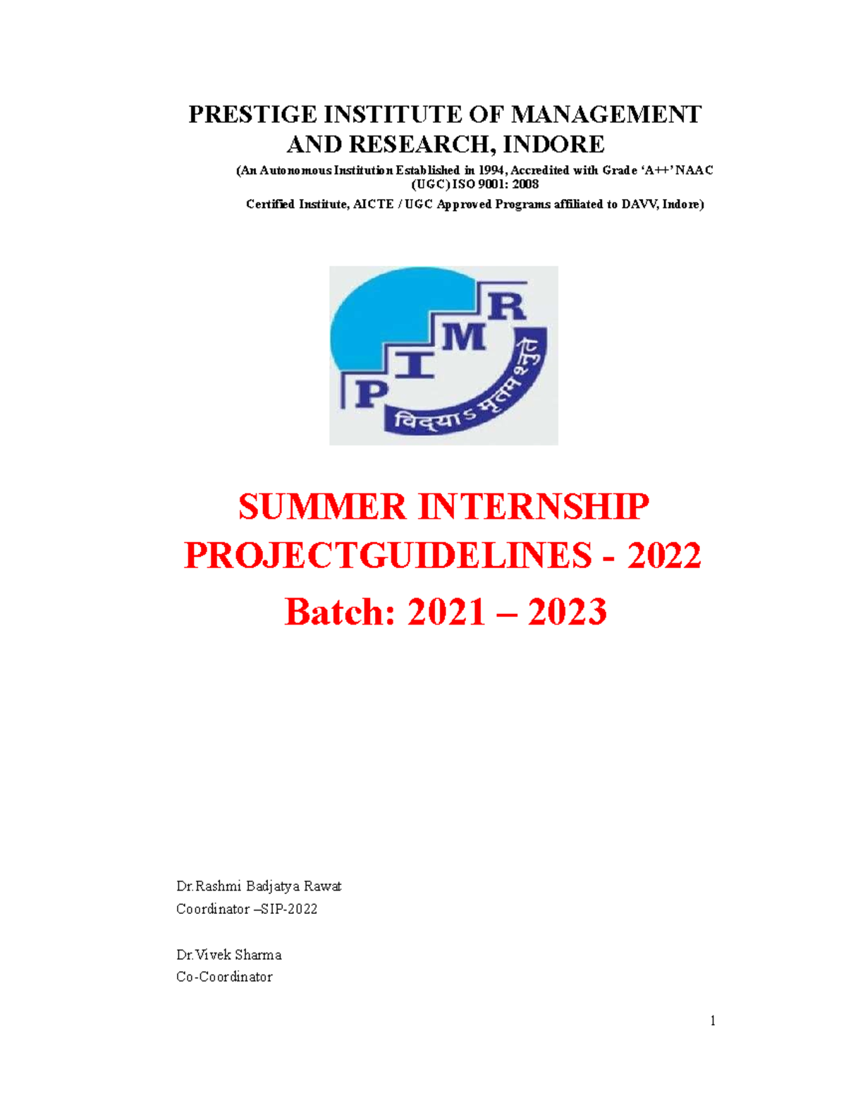 SIP Guidelines - SIP report - PRESTIGE INSTITUTE OF MANAGEMENT AND ...