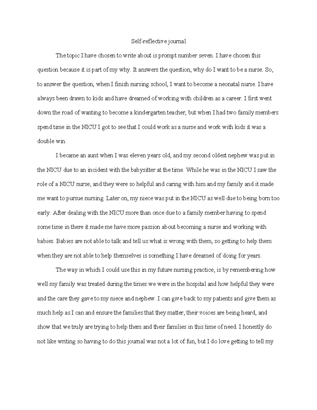 Self reflective journal- 419 words - Self-reflective journal The topic ...
