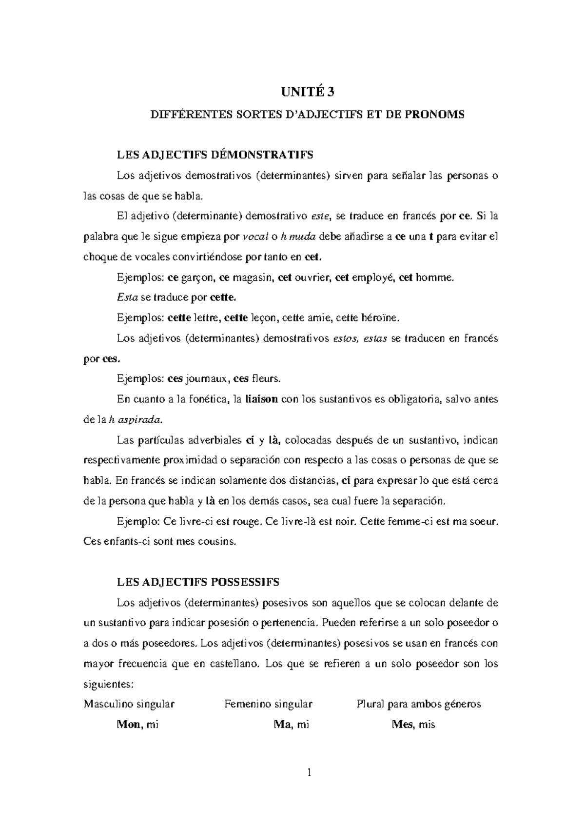 Unité 3 - Apuntes - UNITÉ 3 DIFFÉRENTES SORTES D’ADJECTIFS ET DE ...