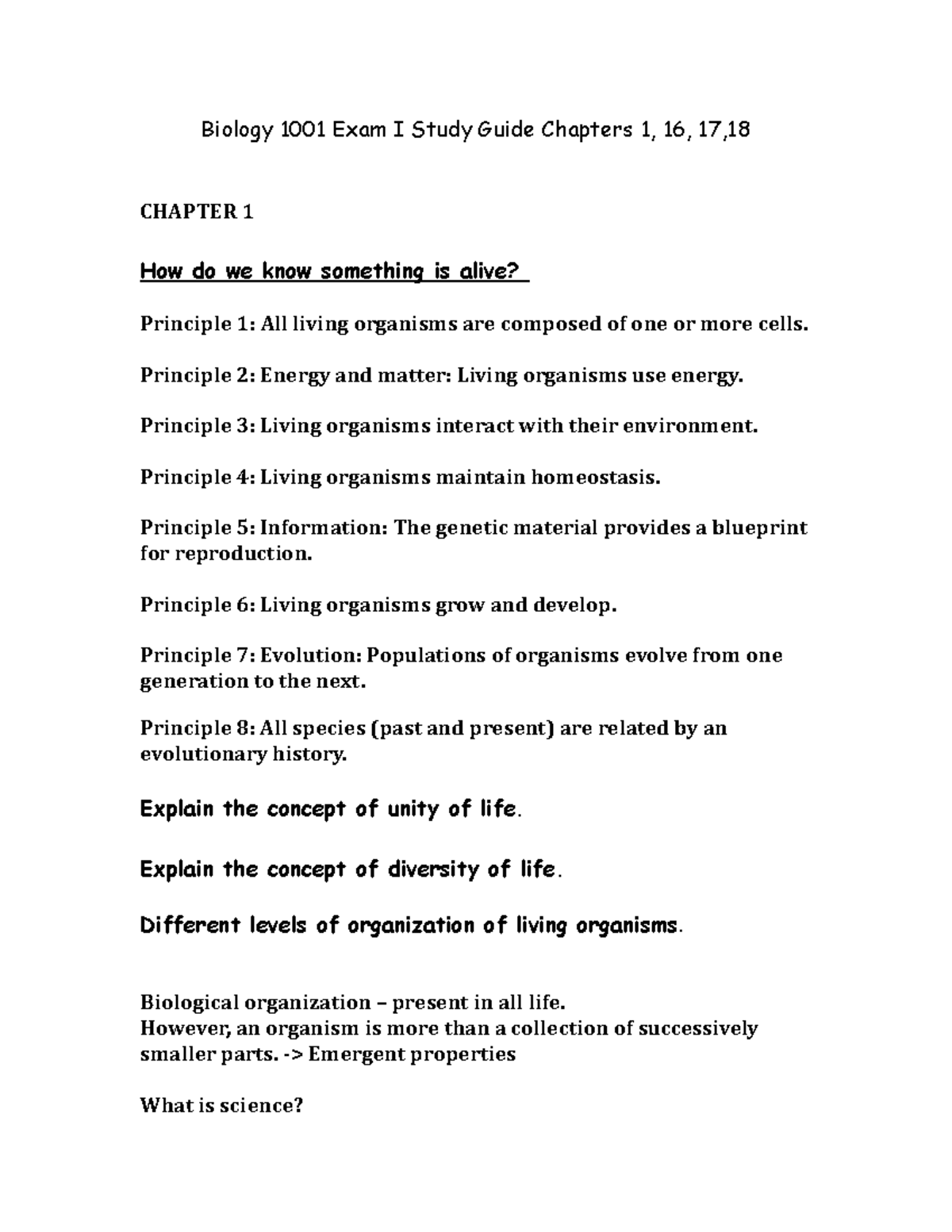 Biology 1001 Exam I Study Guide-ch1-16-17-18 v2 students - Biology 1001 ...