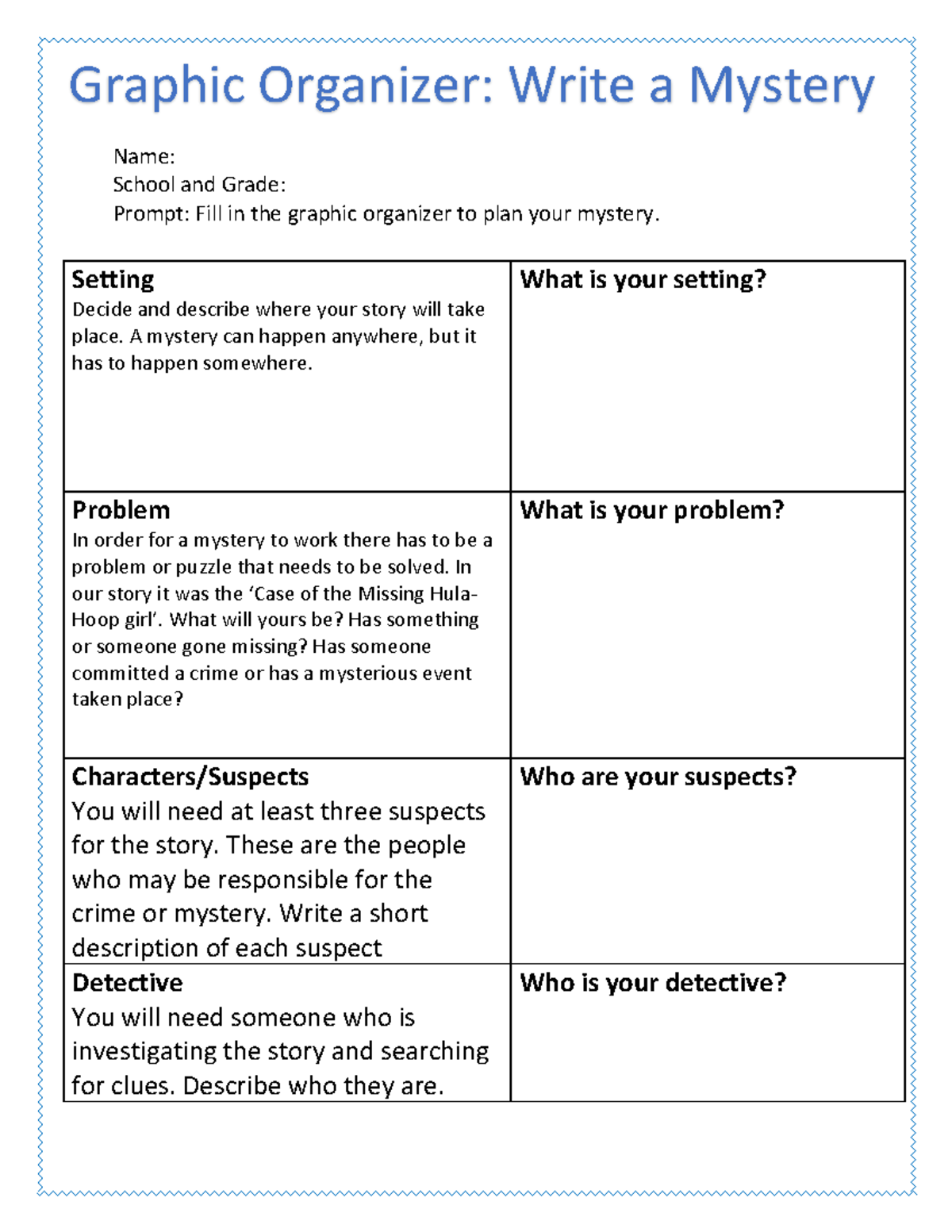 Graphic Organizer Write a Mystery Hula Hoop Girl - Name: School and ...