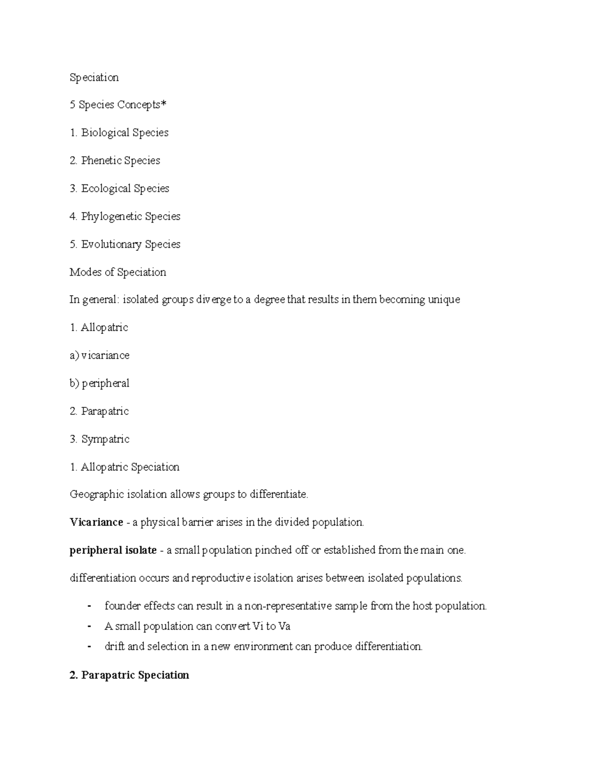 Speciation - Study guide - Speciation 5 Species Concepts* Biological Species Phenetic Species ...