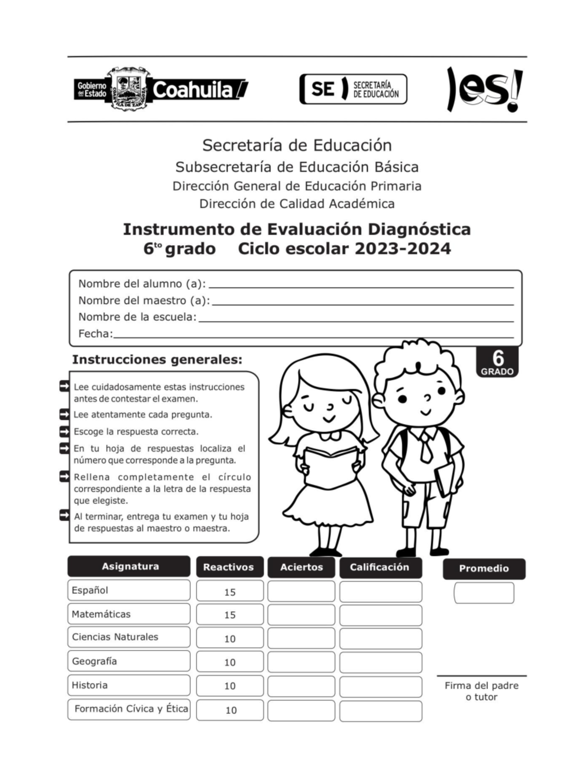 6° INST. EVAL. Diagnóstica Ciclo Escolar 2023-2024 - E S P A Ñ O L Lee ...