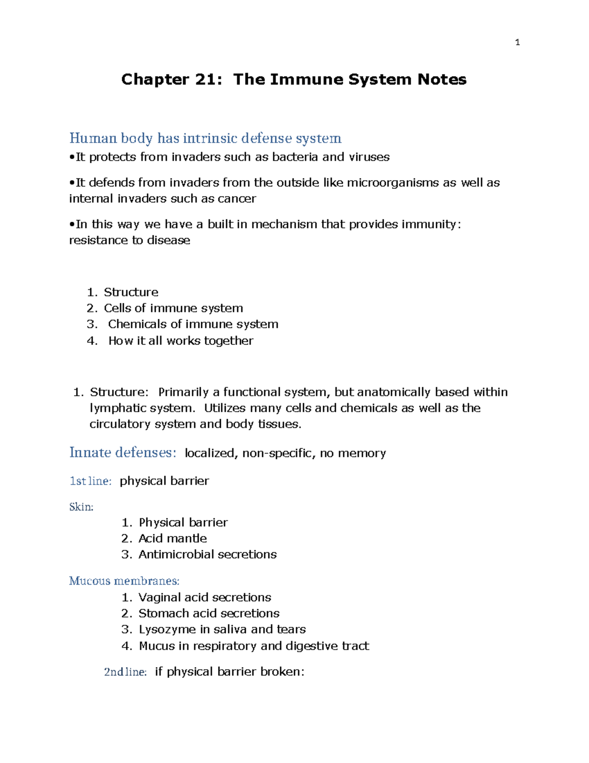 Immunity Notes Immune System Chapter 21 The Immune System Notes