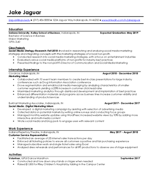Jeremy Jaguar HR MGMT Double Major - Jeremy Jaguar jjaguar@iupui (317 ...