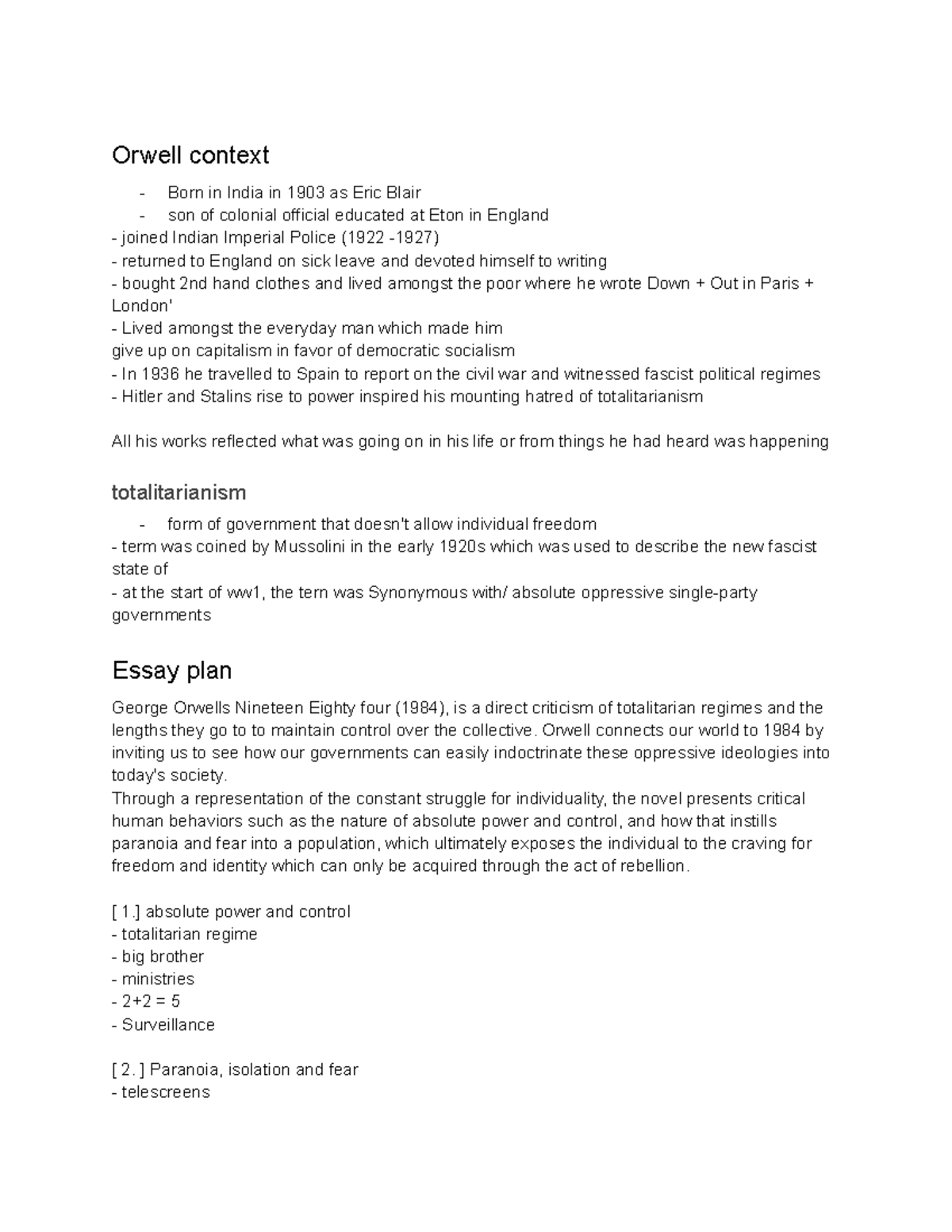 George Orwell 1984 essay plan + context - Orwell context Born in India ...