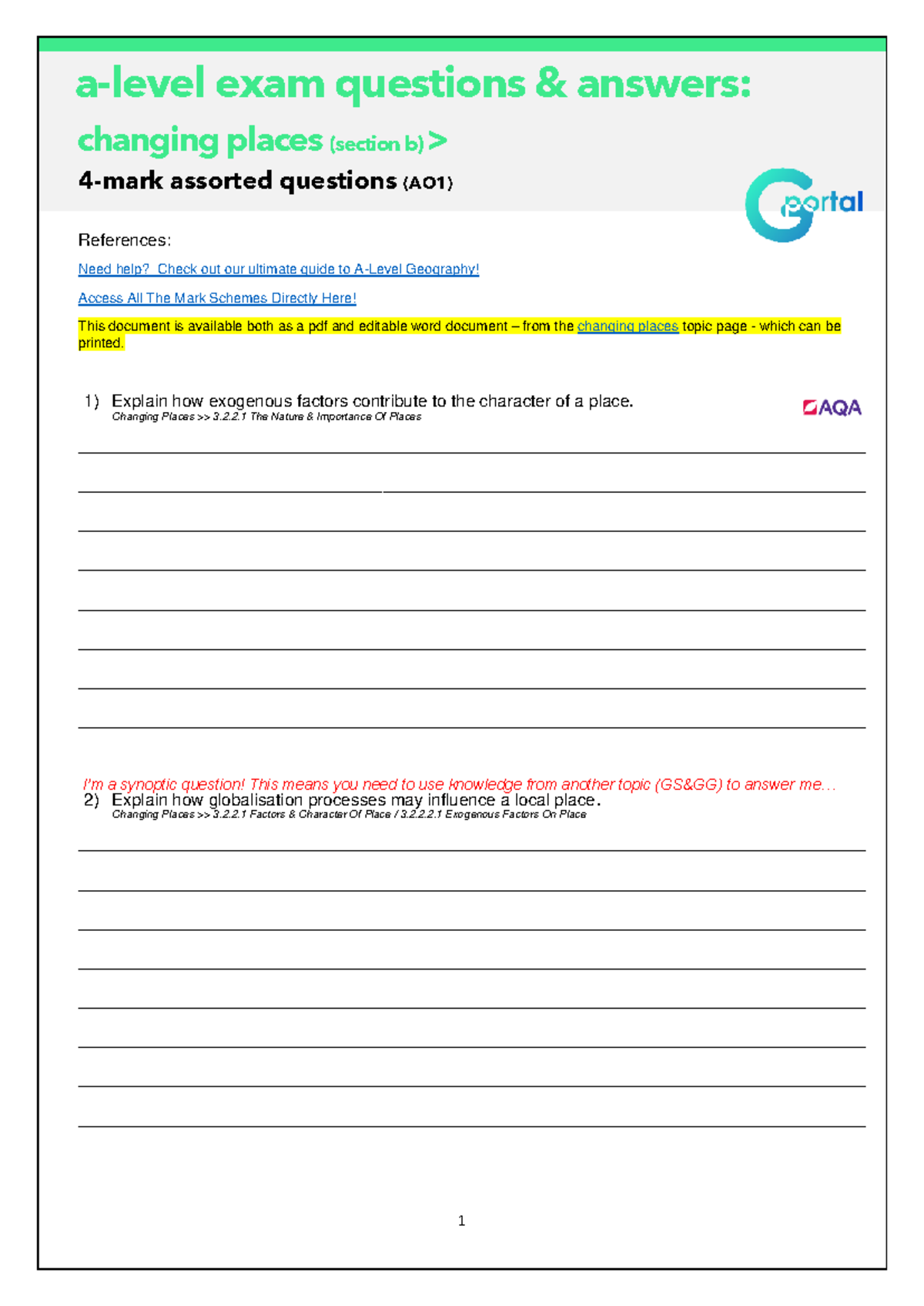 A-level geography questions - I’m a synoptic question! This means you need to use knowledge from ...