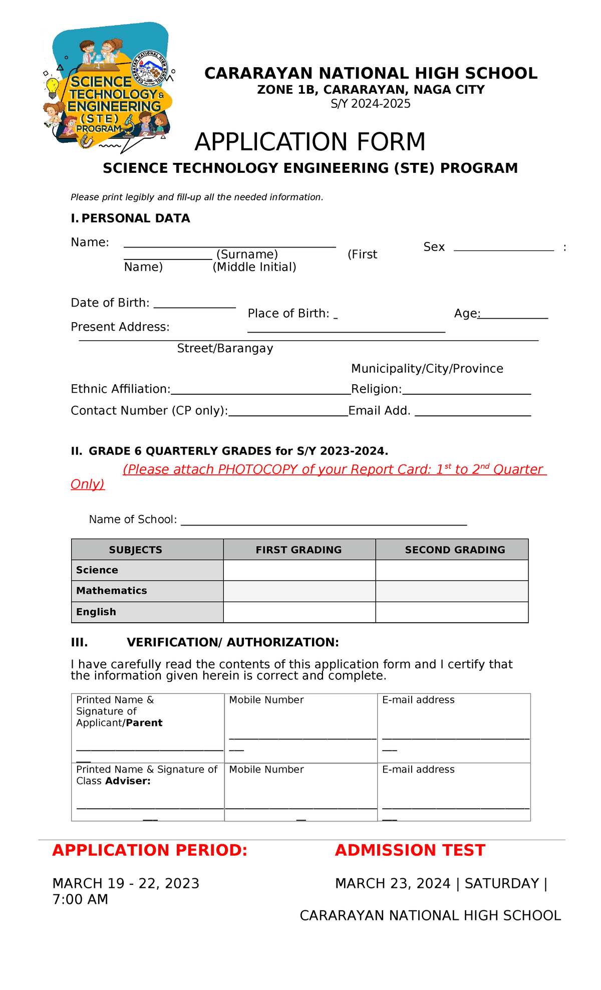 STE Application FORM - A tool that can be useful for advisers - CARARAYAN NATIONAL HIGH SCHOOL ...