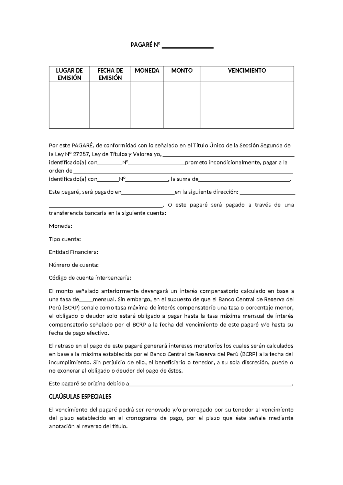 Pagare - NIGUNA - PAGARÉ N° LUGAR DE EMISIÓN FECHA DE EMISIÓN MONEDA ...