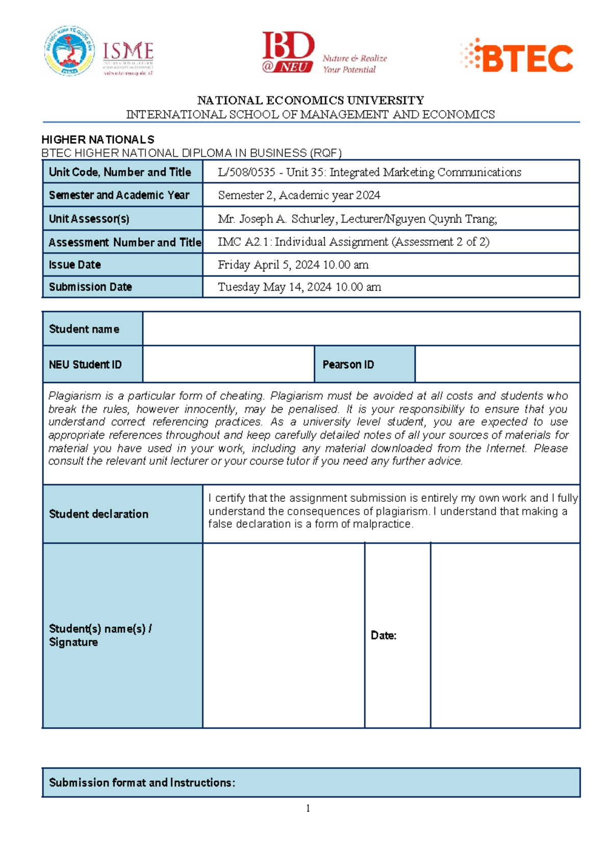 IMC A2 s2 yr23 - IMC A2 s2 yr23 - NATIONAL ECONOMICS UNIVERSITY ...