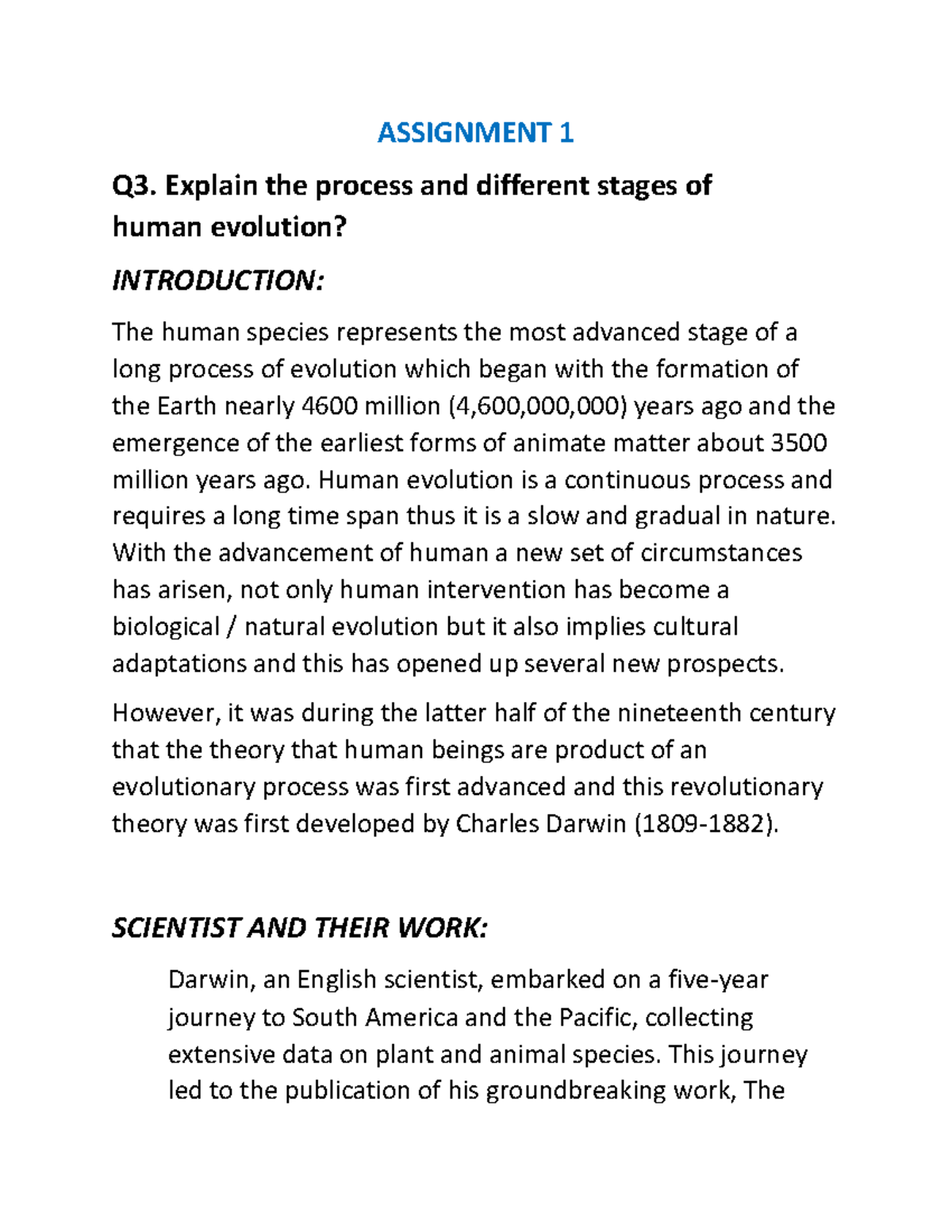 Different stages and process of human evolution - ASSIGNMENT 1 Q3 ...