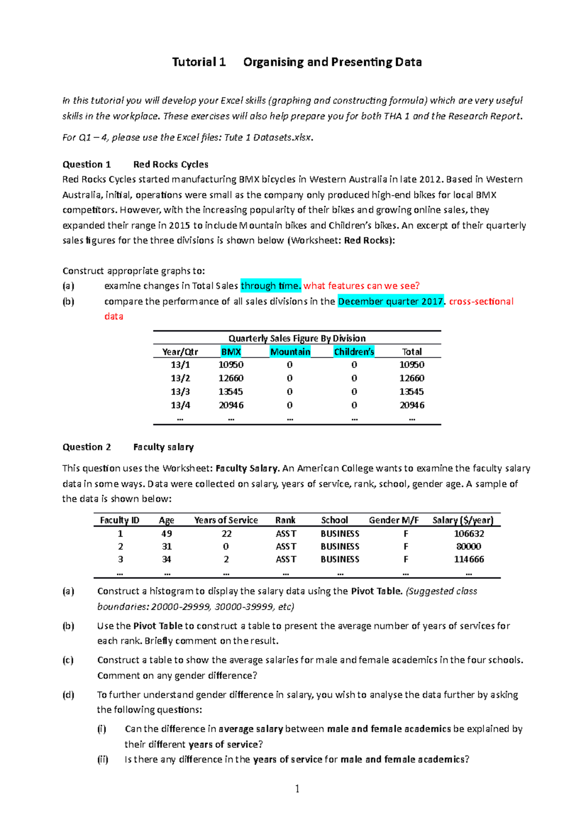 Tutorial 1 Questions BSB123 SEM 1 - Tutorial 1 Organising and ...